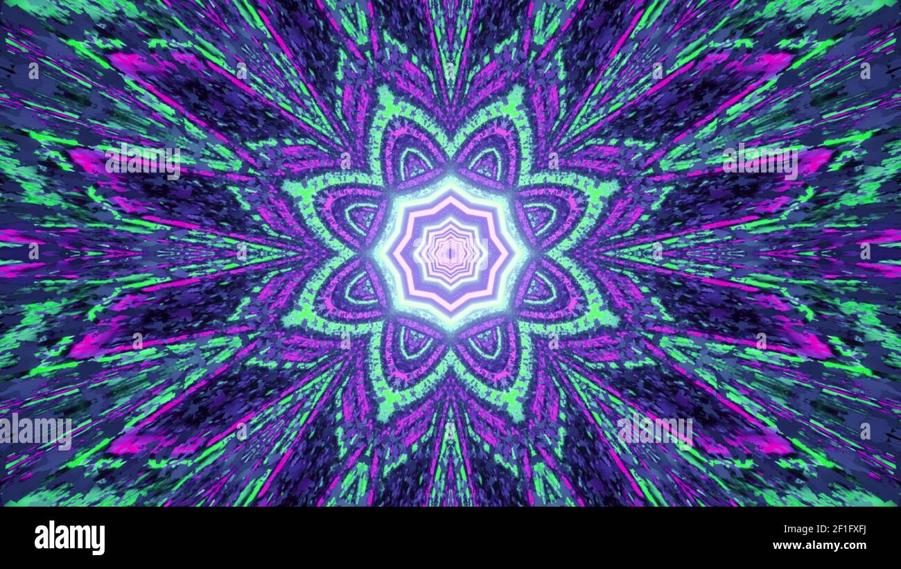 A 3D rendering of a kaleidoscope mandala art with glowing neon lights ...