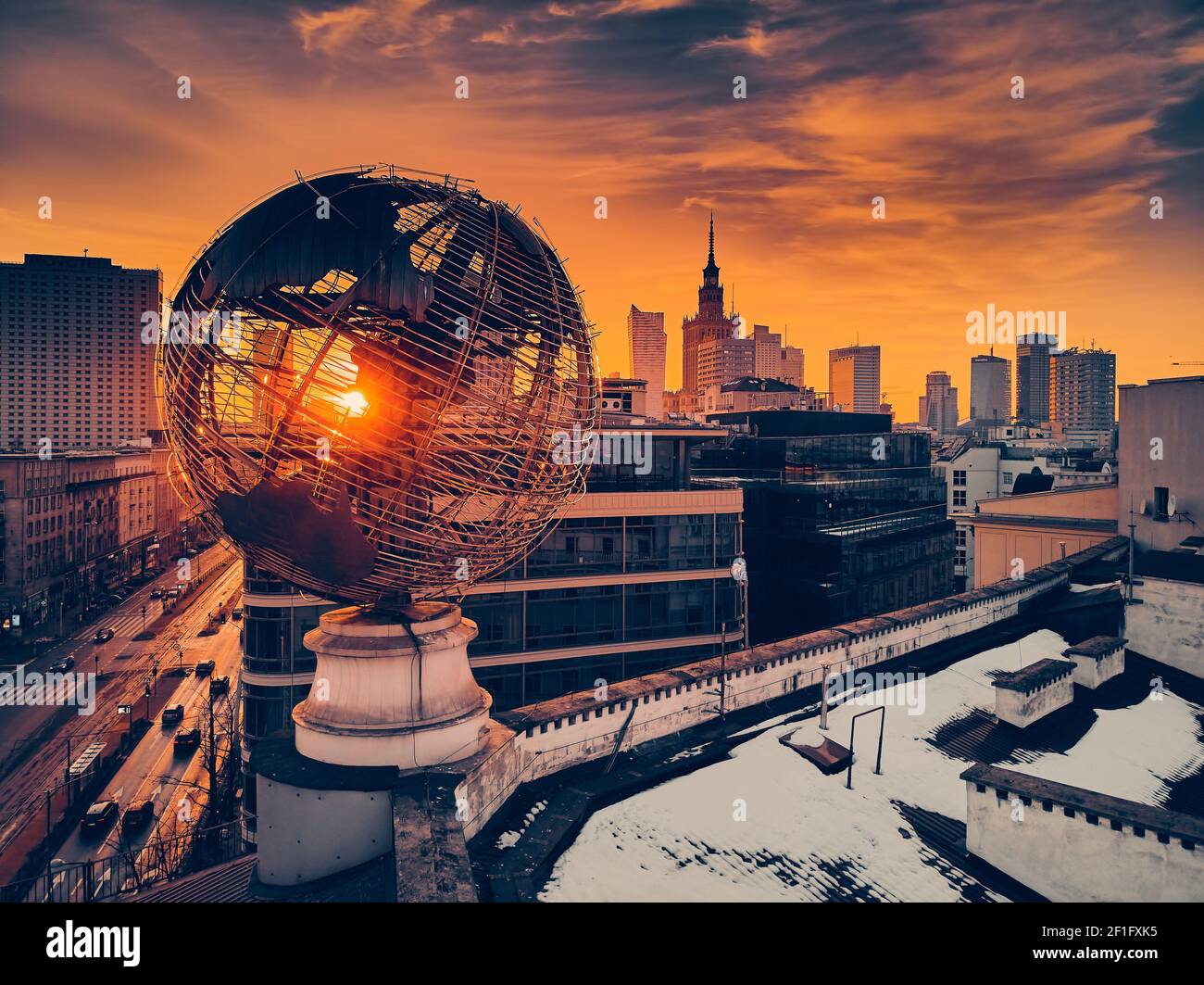 Beautiful panoramic aerial sunset drone skyline view of the Warsaw City ...