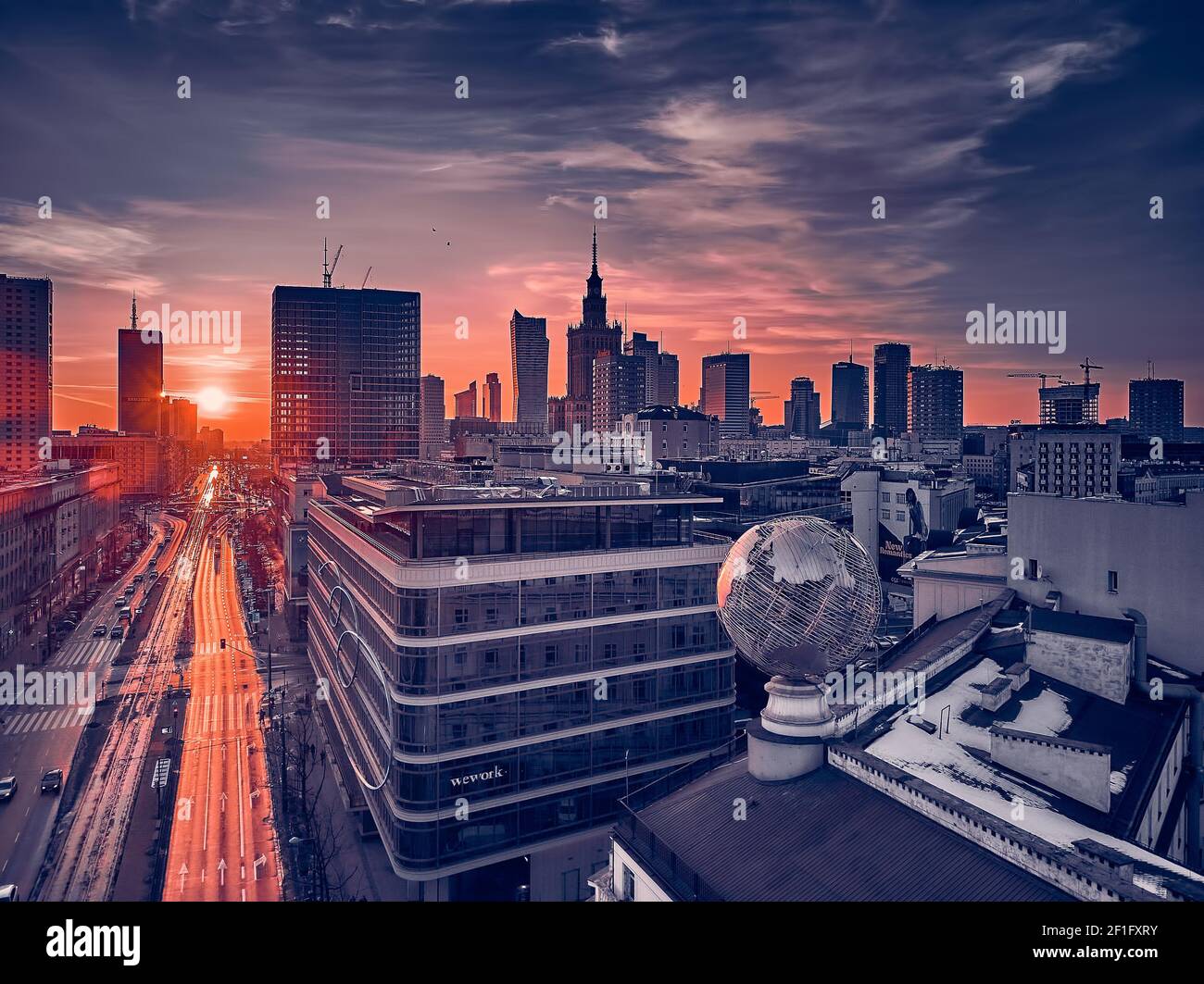 Beautiful panoramic aerial sunset drone skyline view of the Warsaw City ...