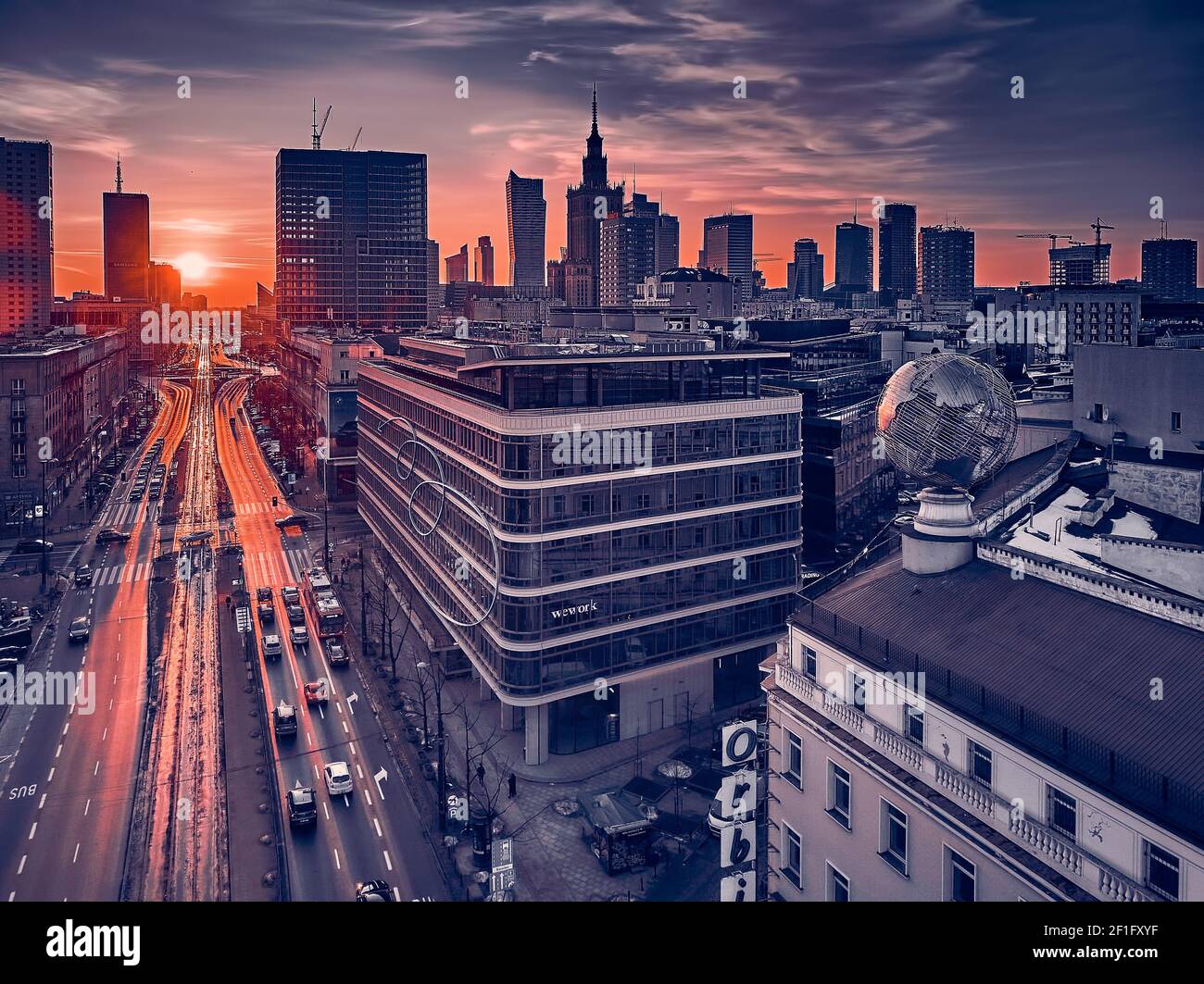 Beautiful panoramic aerial sunset drone skyline view of the Warsaw City ...