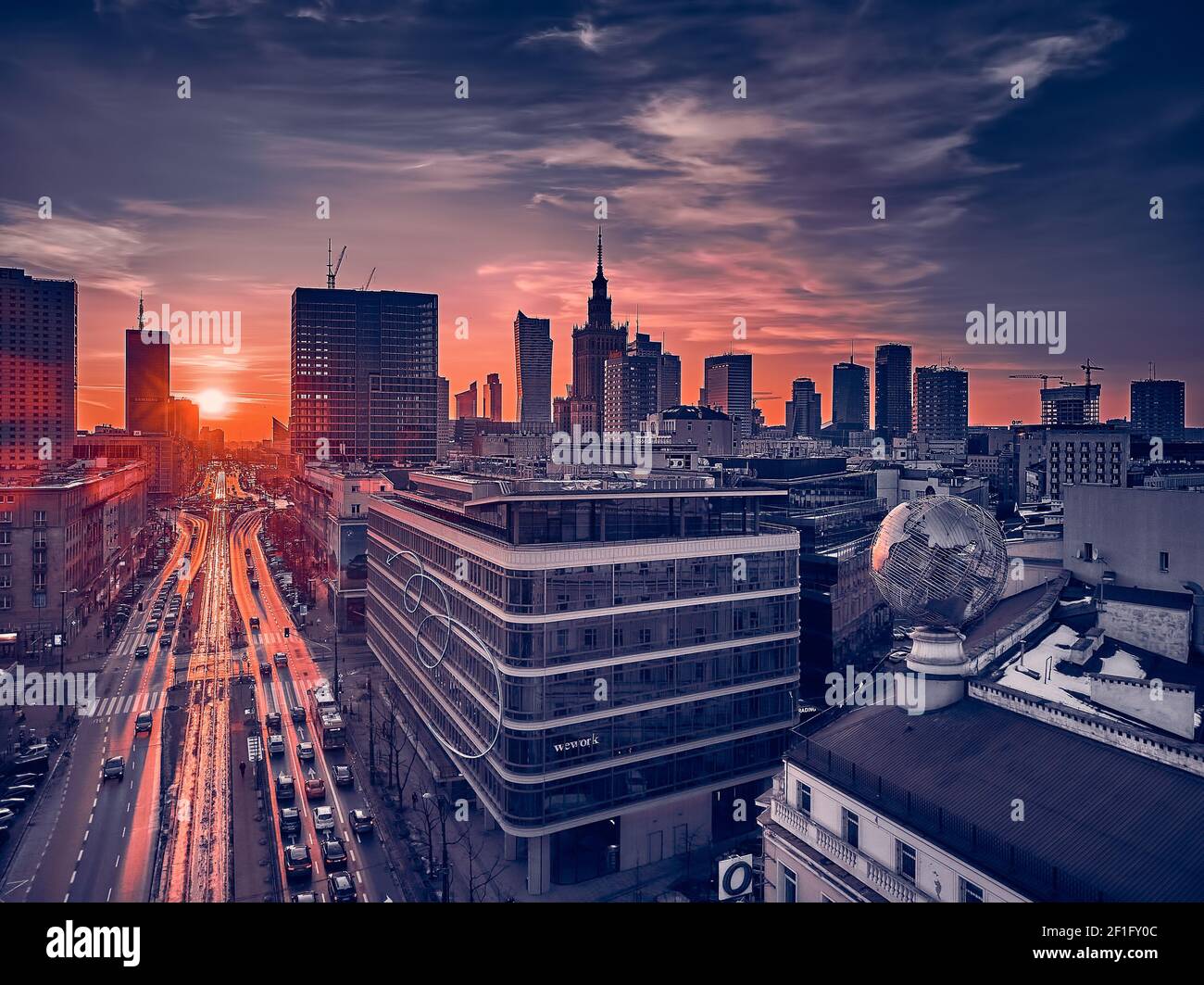 Beautiful panoramic aerial sunset drone skyline view of the Warsaw City ...