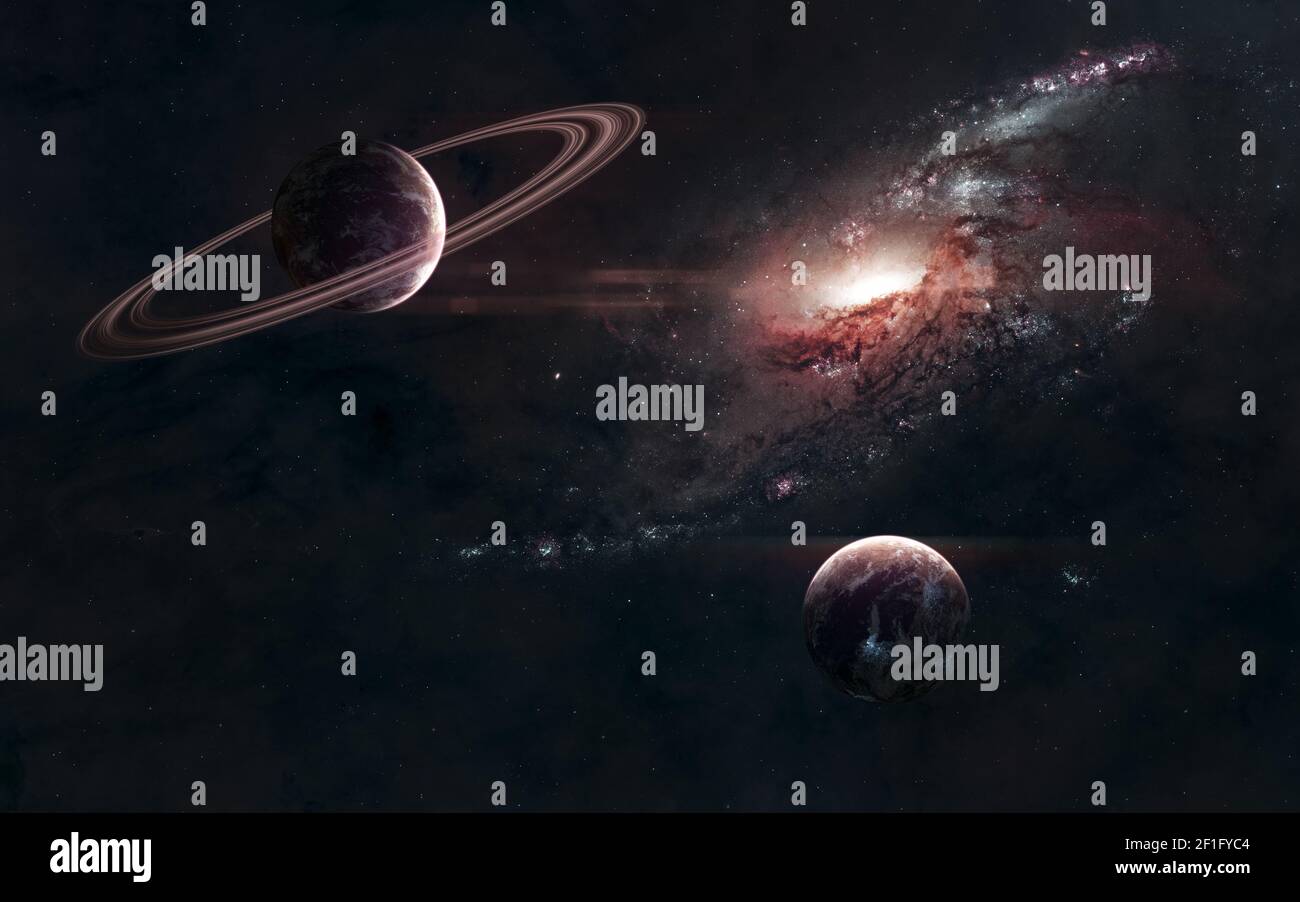 Planets on background of galaxy in deep space. Beautiful cosmic ...