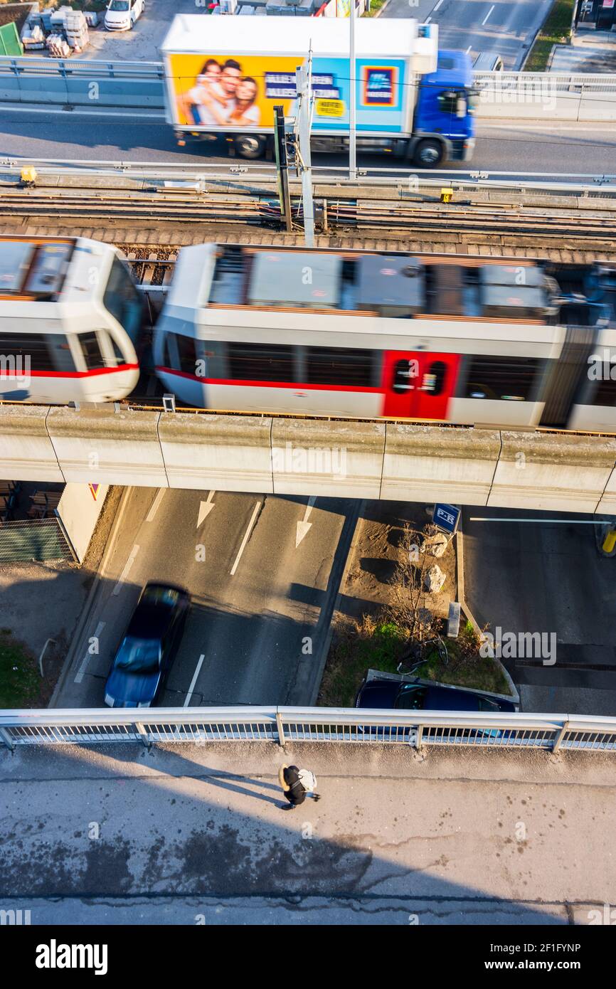 Wien, Vienna: rush hour, subway line U6, truck of Hofer supermarket ...