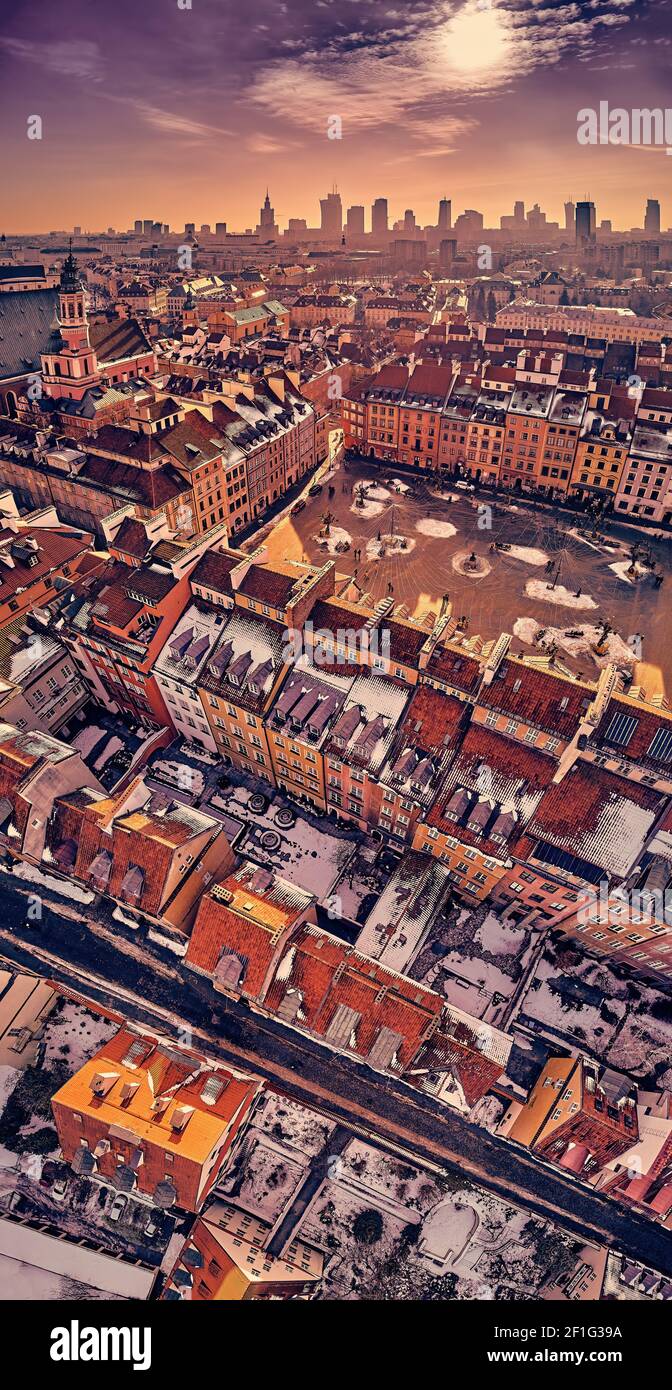 Beautiful panoramic aerial drone skyline sunset view of the Warsaw City ...