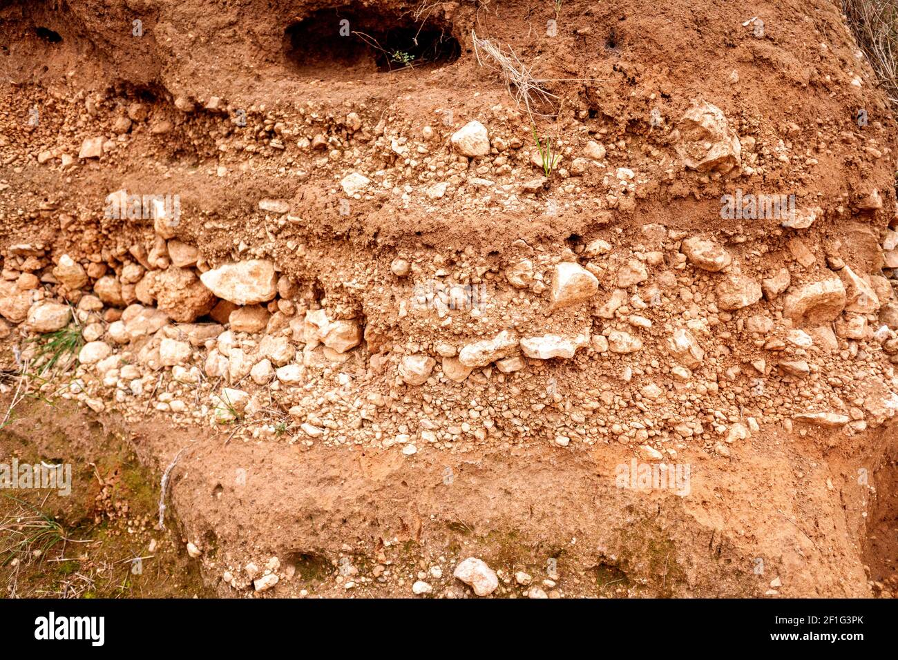 Frontal detail of different strata and layers of rock and earth on a ...