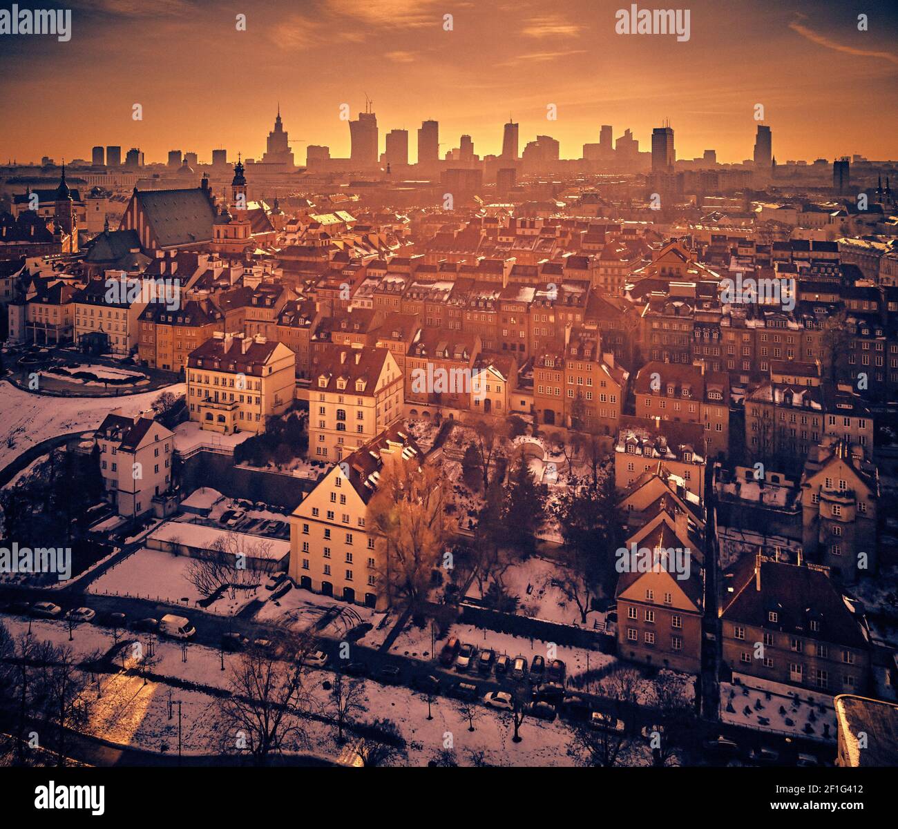 Beautiful panoramic aerial drone skyline sunset view of the Warsaw City ...