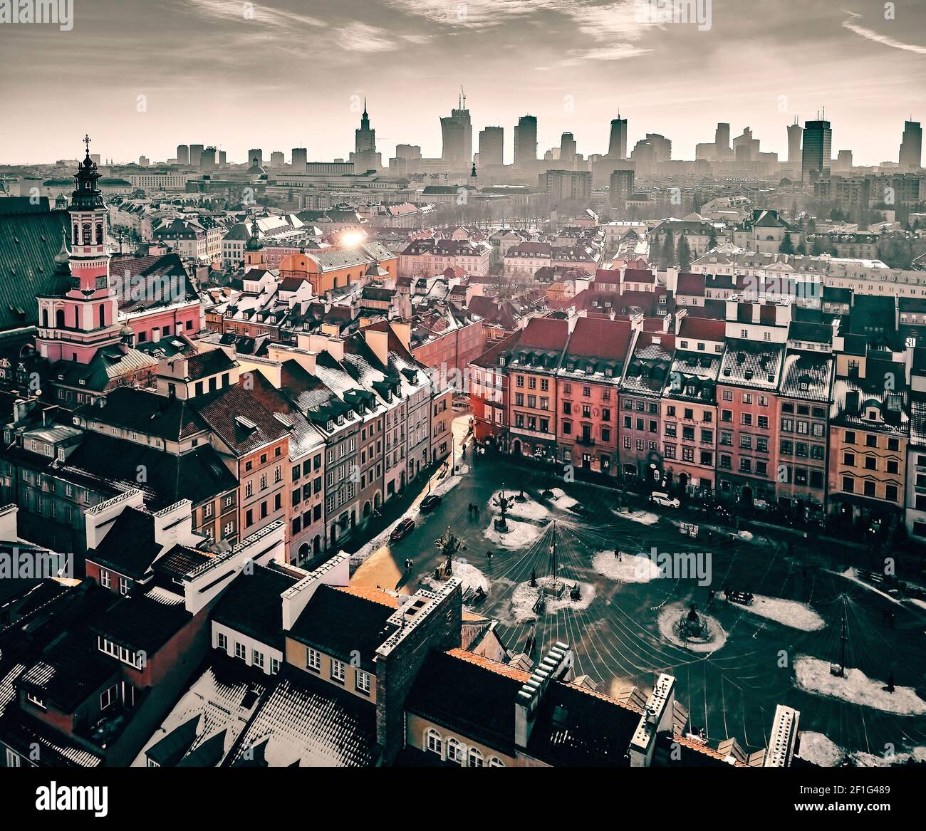 Beautiful panoramic aerial drone skyline sunset view of the Warsaw City ...