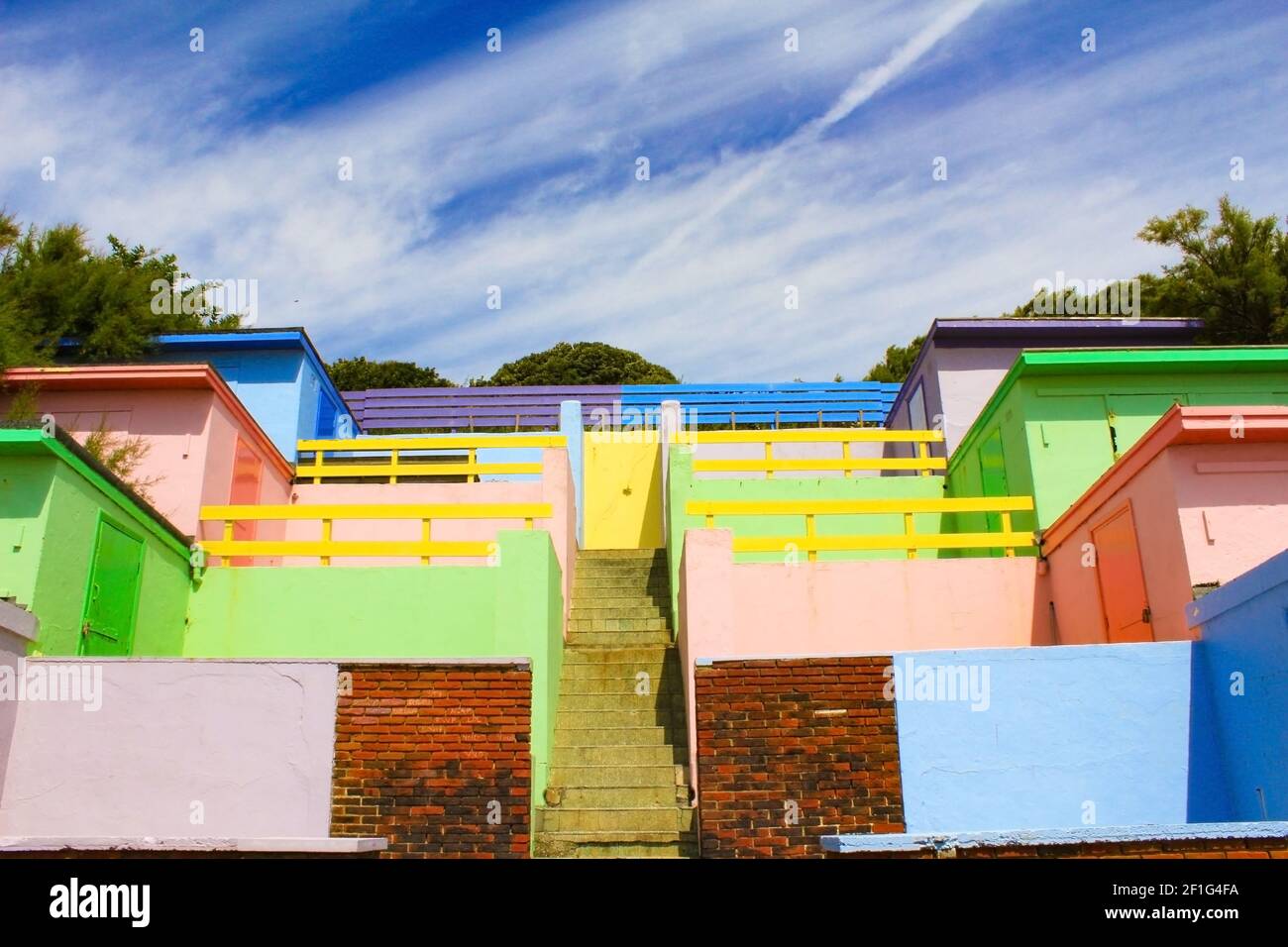 Colorful bungalows on the beach on nice summer day,Folkestone ...