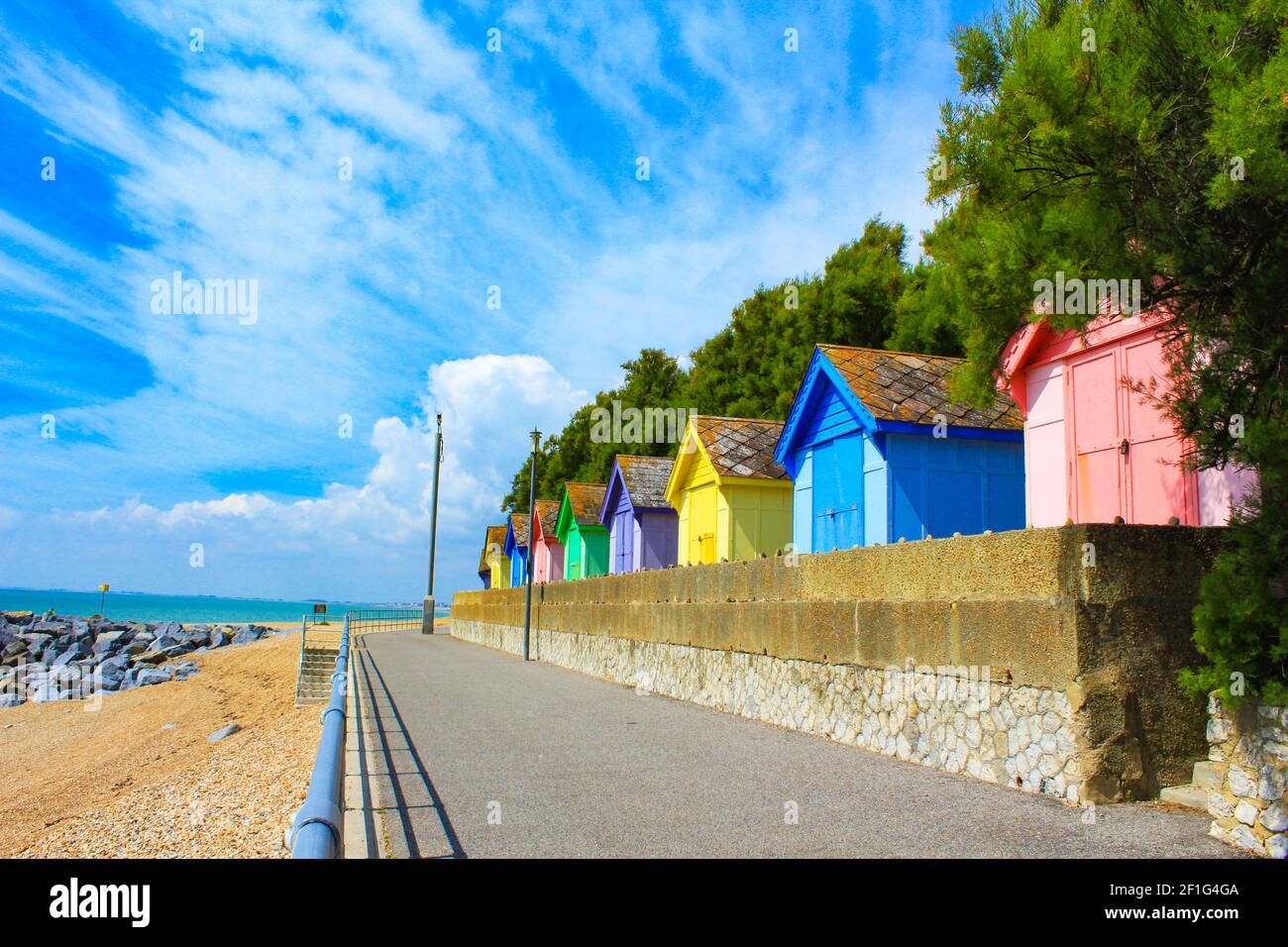 Colorful bungalows on the beach on nice summer day,Folkestone ...
