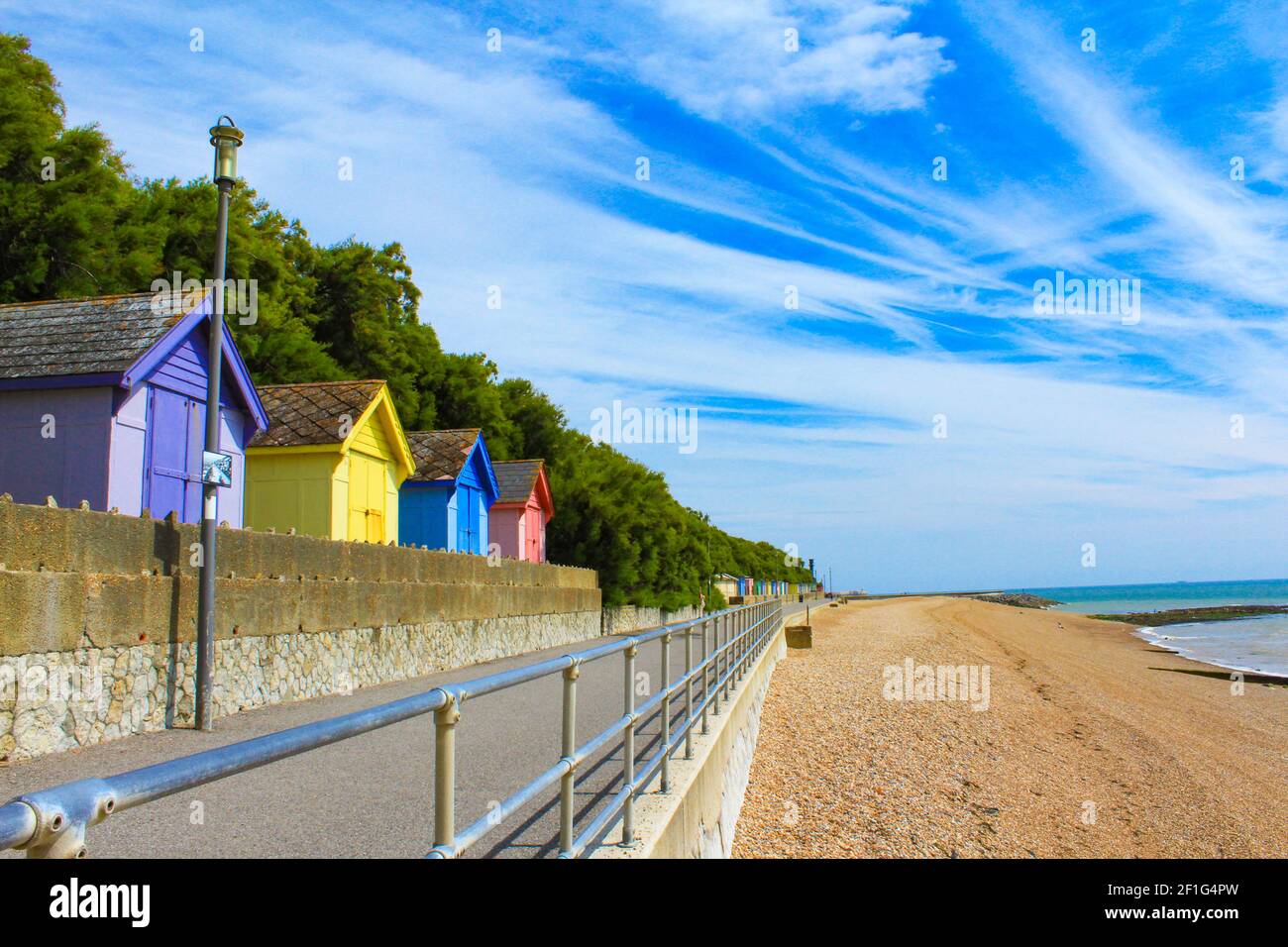 Colorful bungalows on the beach on nice summer day,Folkestone ...