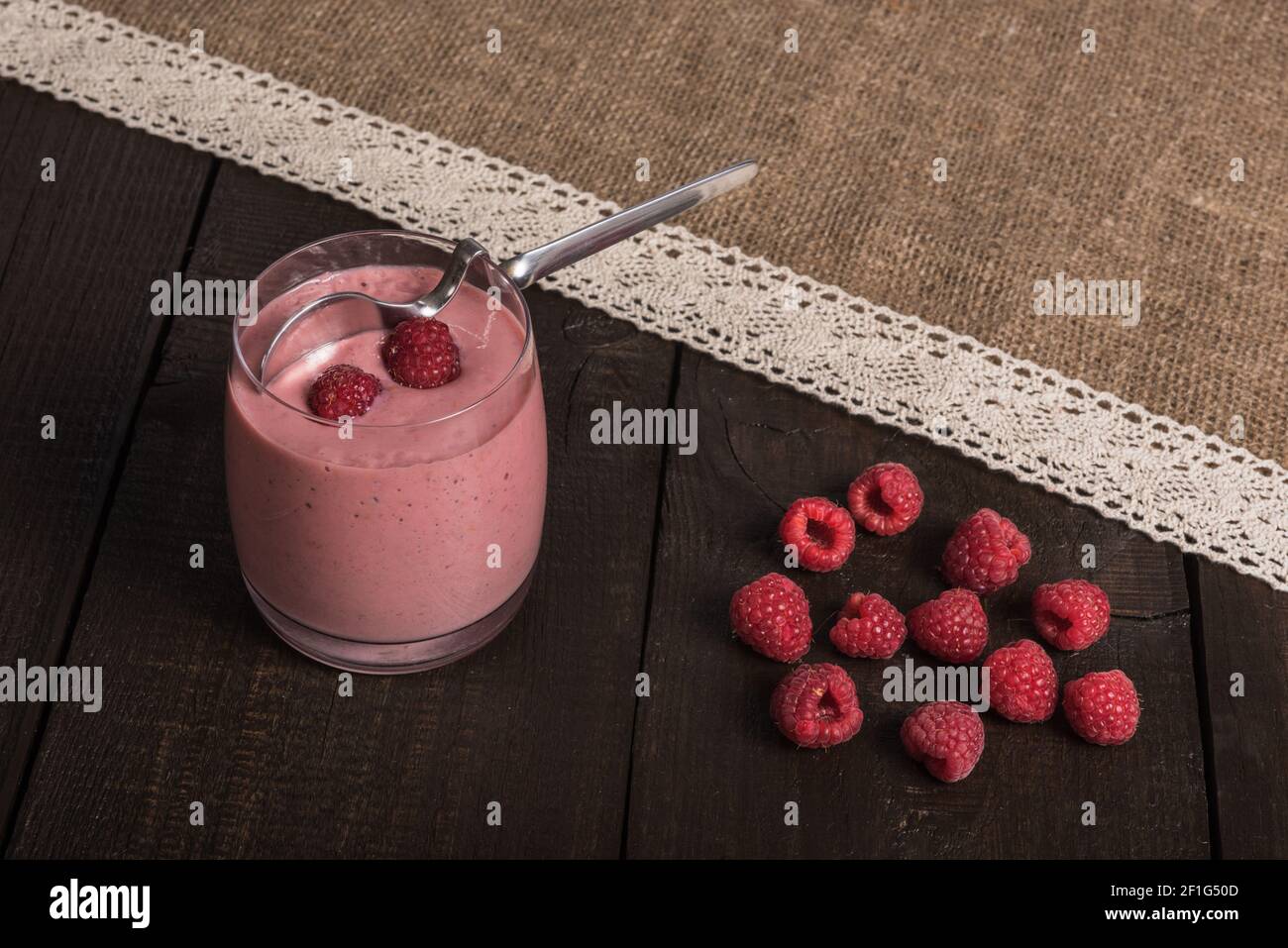 Raspberry - banana smoothie Stock Photo - Alamy