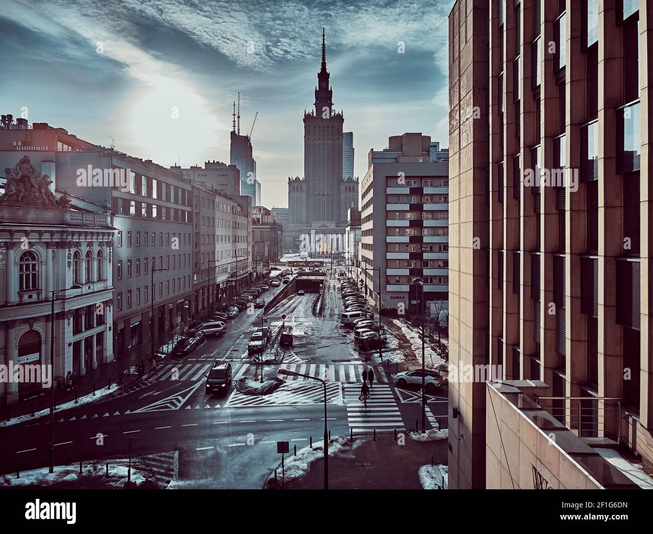Beautiful panoramic aerial drone skyline sunset view of the Warsaw City ...