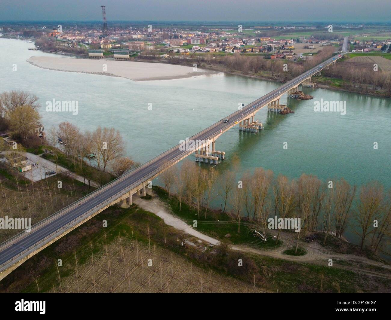 aerial view of the viadana Boretto bridge over the po river, italy ...