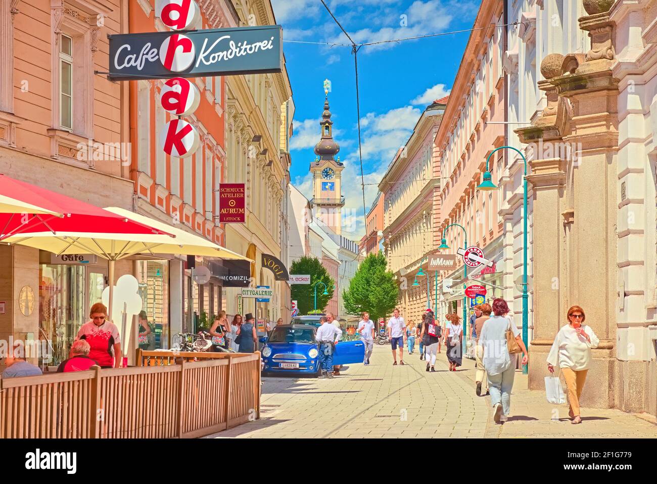 Linz - June 2020, Austria: View of the Herrenstrasse street with ...