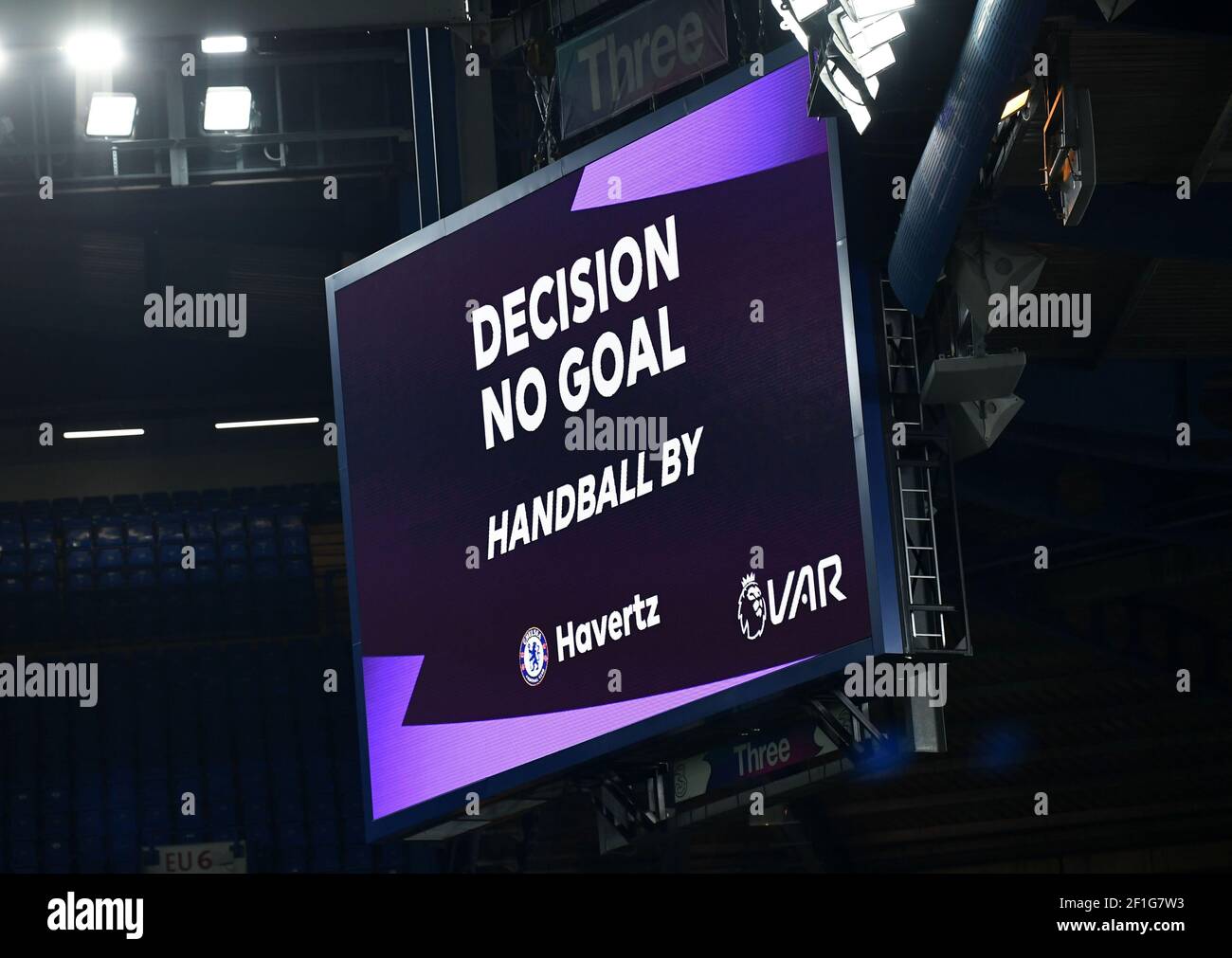 The big screen shows the VAR decision of no goal for handball against ...