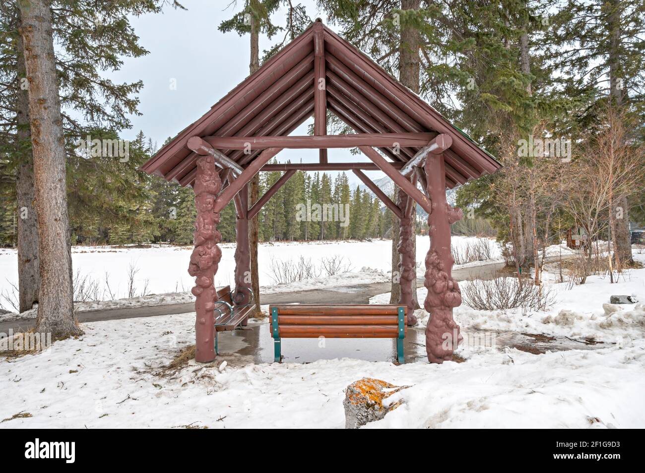 Benches along the River in the Town of Banff in Alberta, Canada Stock ...