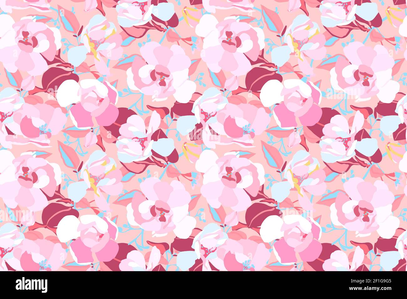 Vector floral seamless pattern. Pink garden flowers with maroon leaves ...