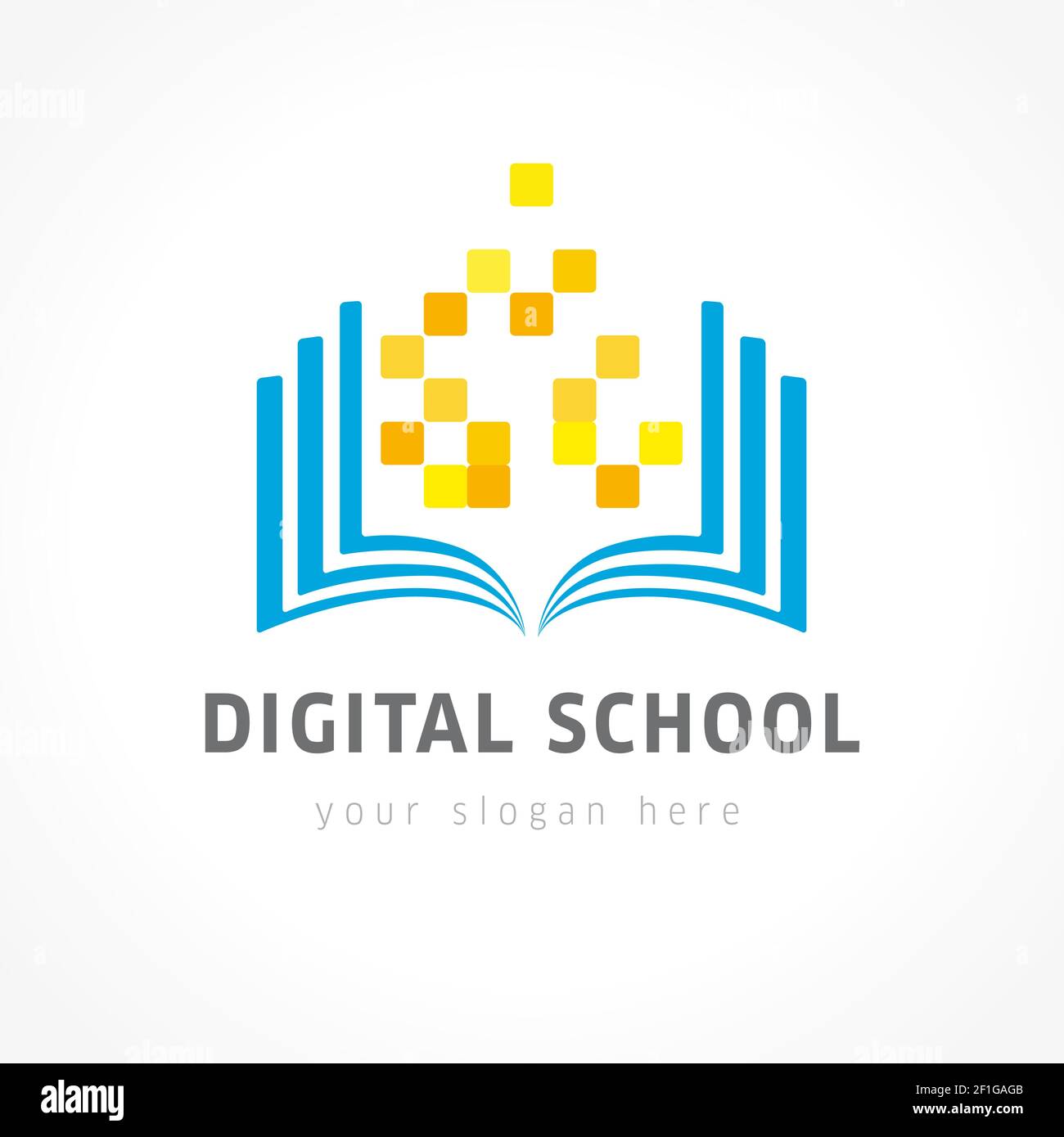 Educational vector logo. Open book and digital gold colored pixels ...