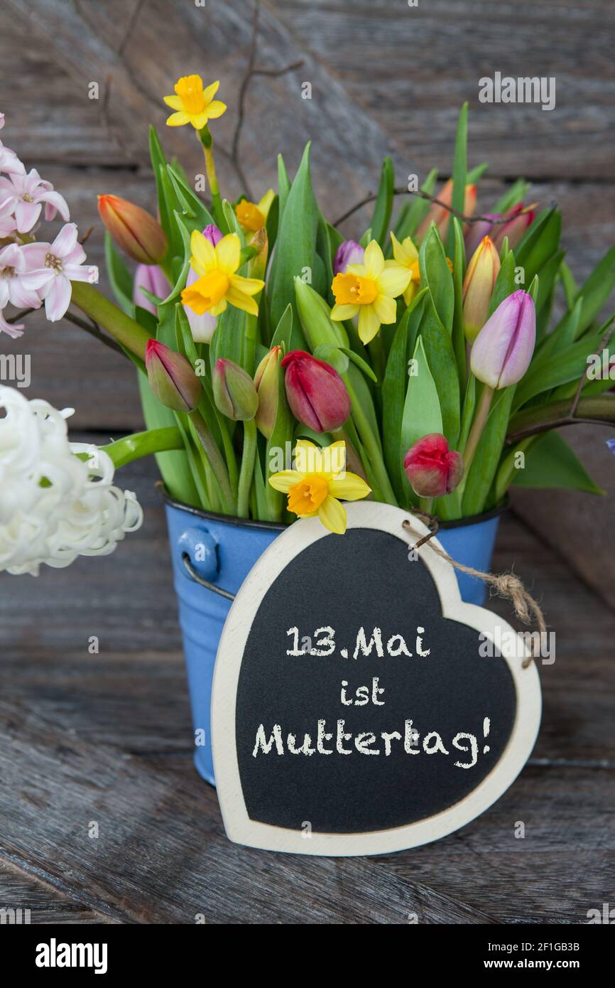 Colorful spring flowers in rustic bucket Stock Photo - Alamy
