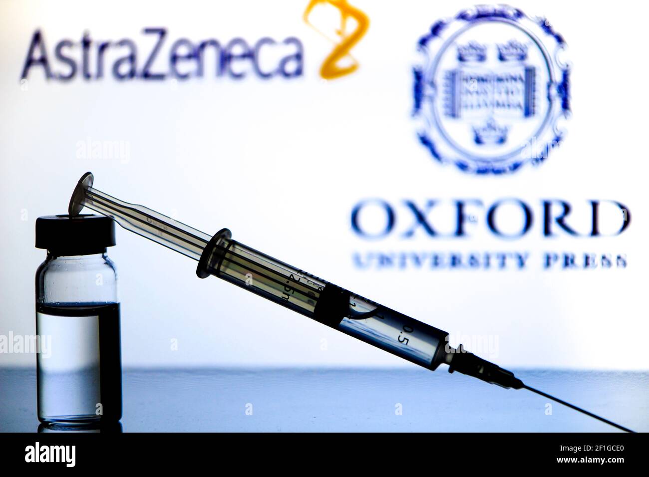 Madrid, Spain- February 23, 2021: Syringe and vial with covid-19 ...