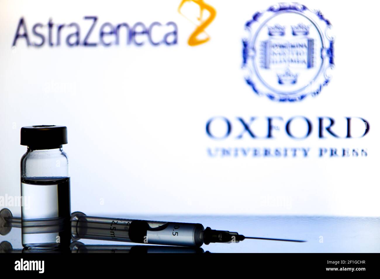 Madrid, Spain- February 23, 2021: Syringe and vial with covid-19 ...