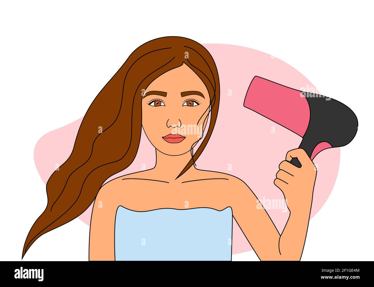 Woman drying hair in bathroom with hairdryer. Vector illustration Stock ...