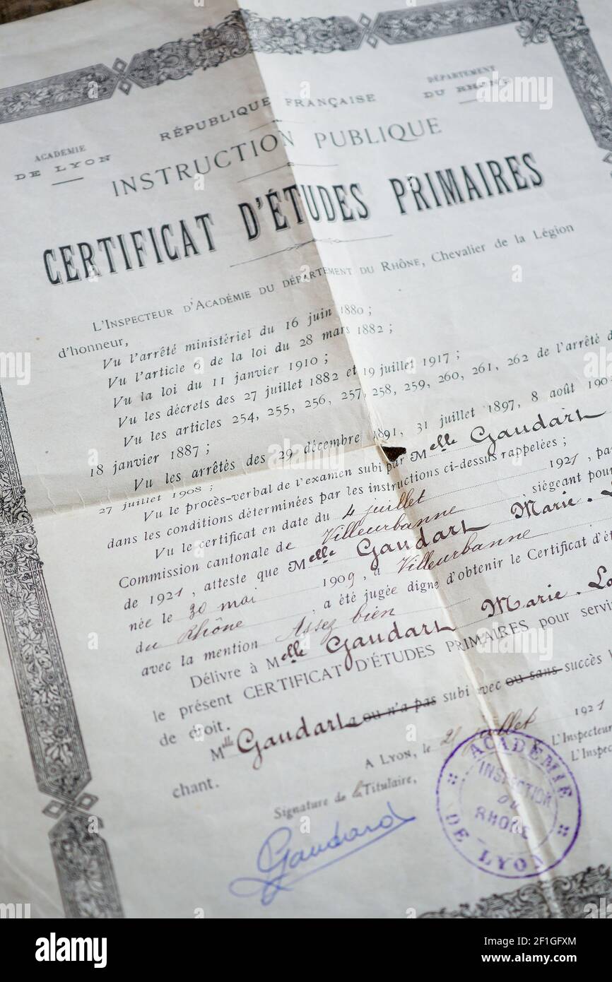 Certificat d'Etudes primaires, French Diplom, France, 1921 Stock Photo ...