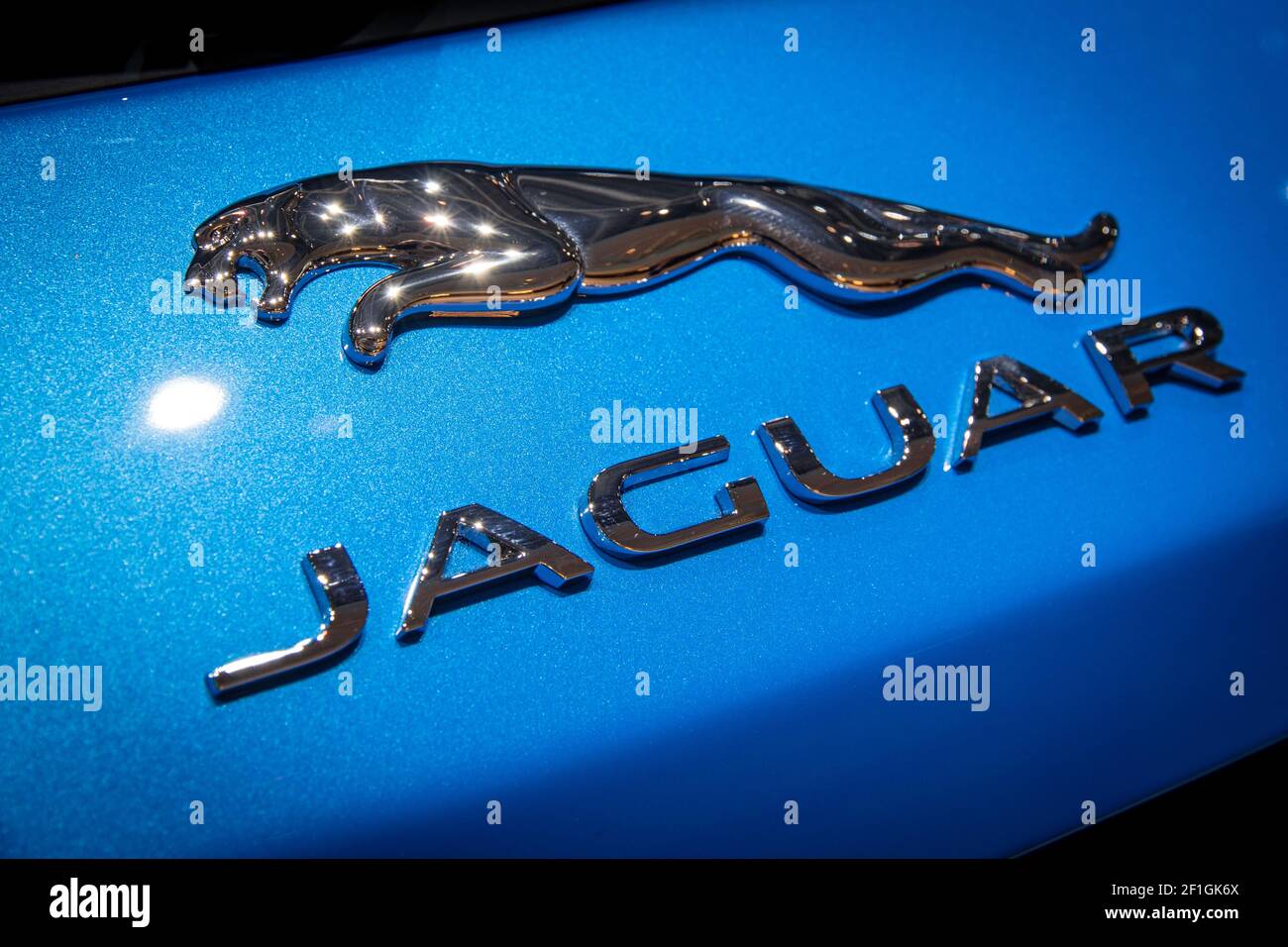 Jaguar logo on a Jaguar F-Pace SVR car at the Paris Motor Show. France ...