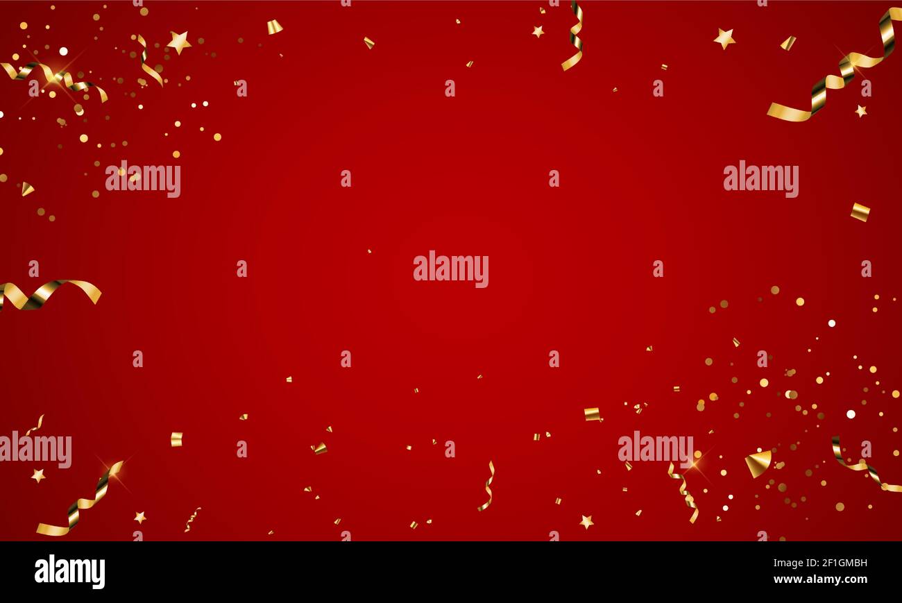 Abstract Red Party Holiday Background with Confetti and Golden Ribbon ...