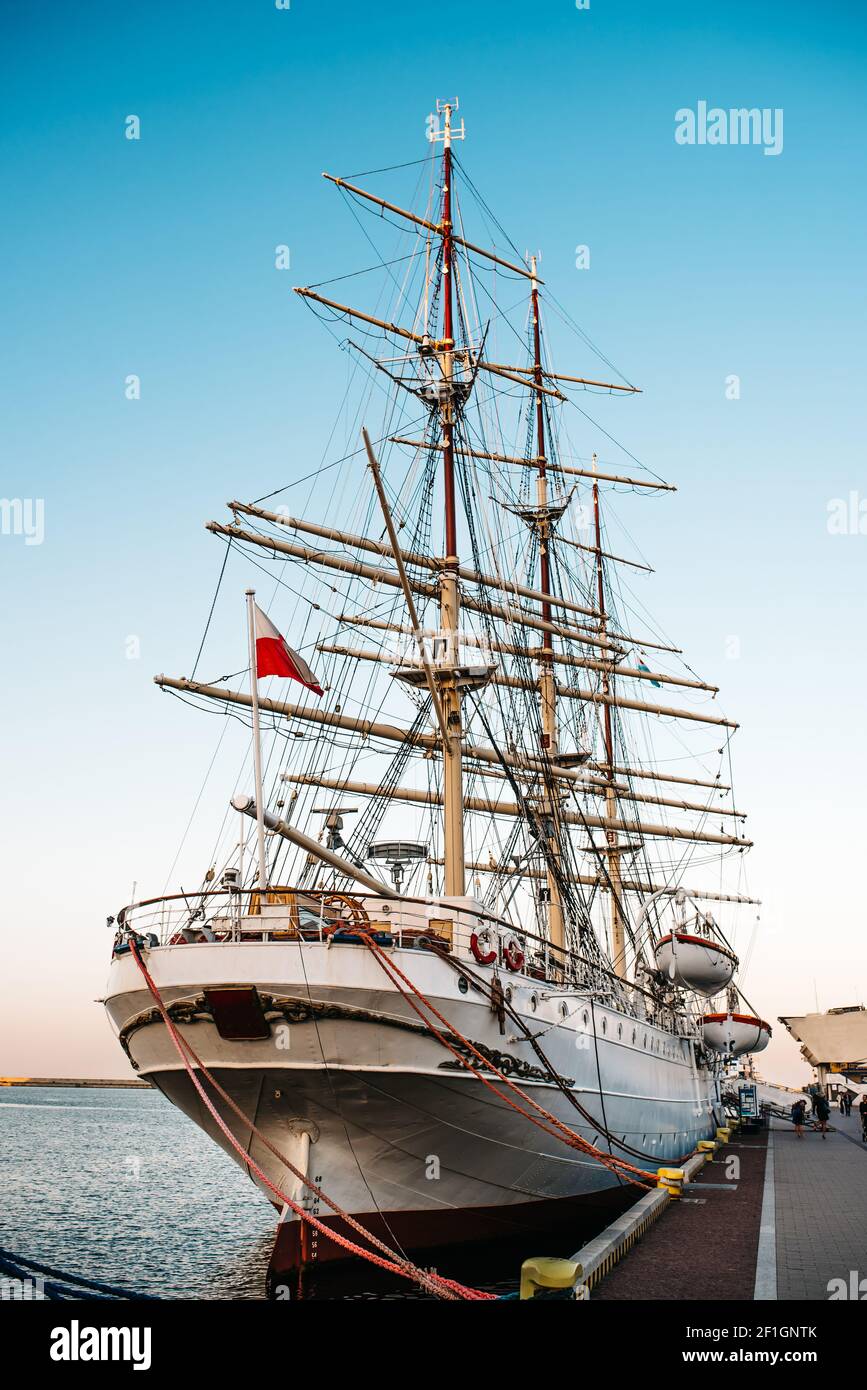 Old sailing ship, frigate at anchor in the port Stock Photo - Alamy