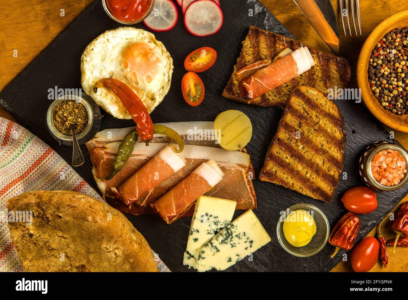 Homemade toasted bread with ham egg and cheese. Grilled bread. Fast ...