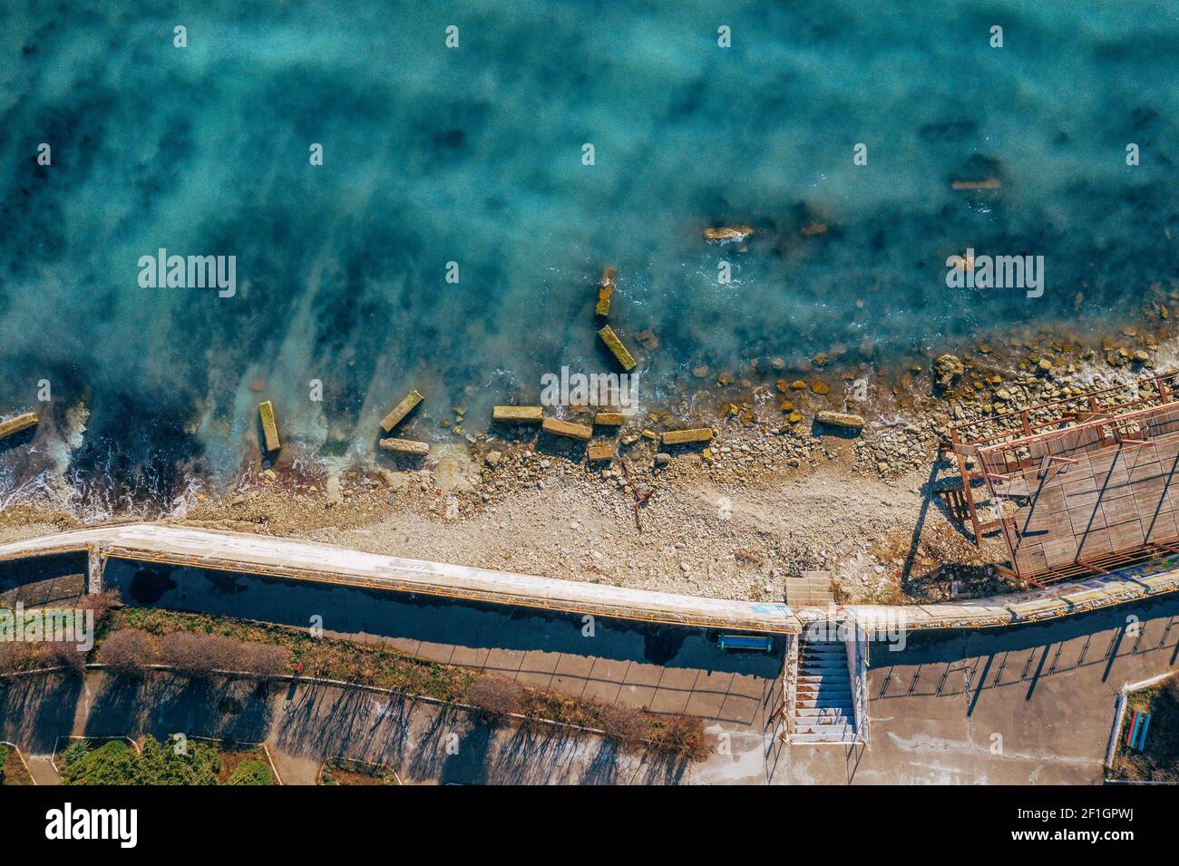 Aerial top view pf ocean coast with blue water and sea shore Stock ...