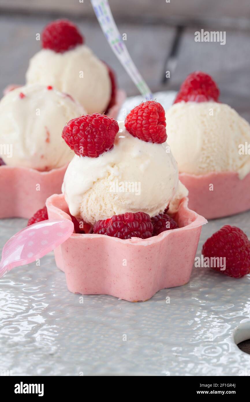 Vanilla ice cream with raspberries Stock Photo - Alamy