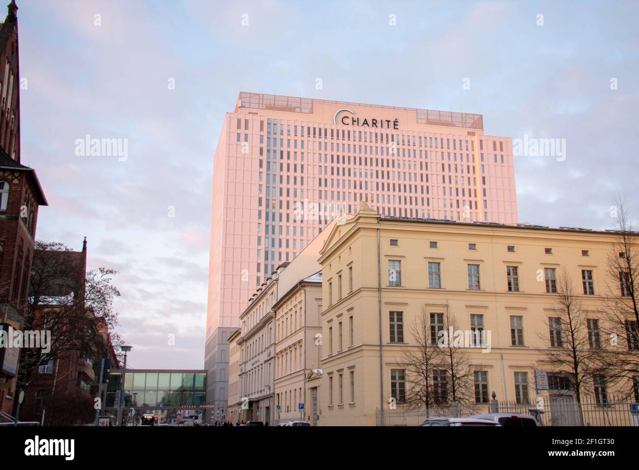 Snowy landscape of Charite hospital on a sunny winter day in Mitte ...