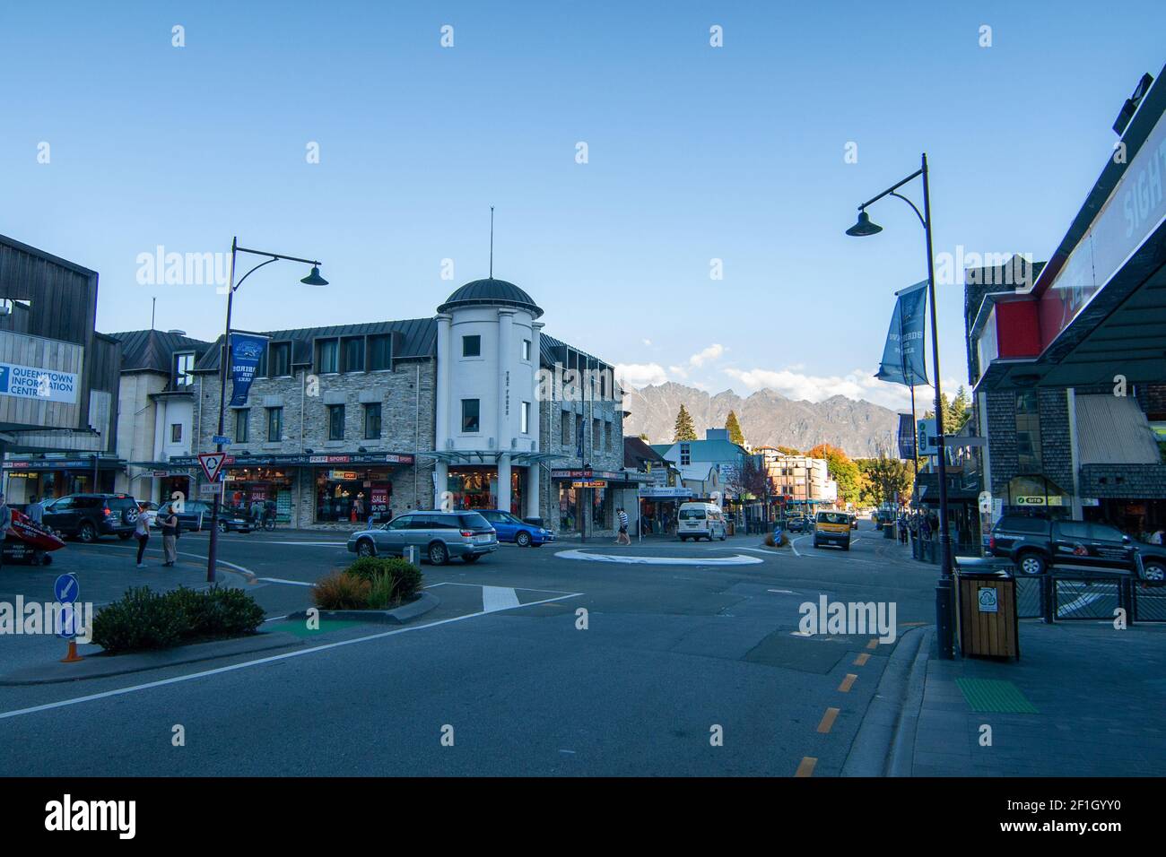 Queenstown New Zealand city center intersection of Shotover street and ...