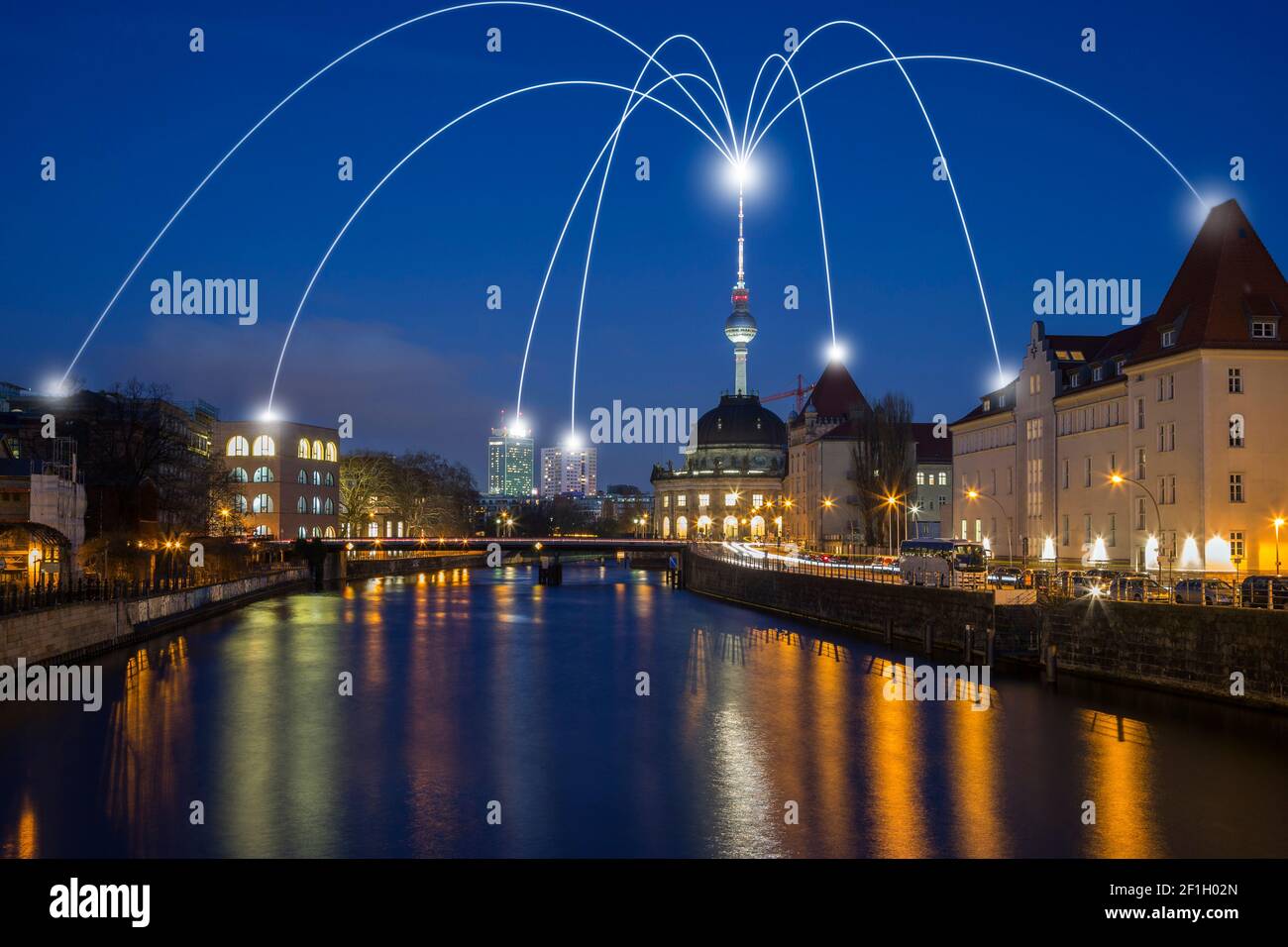 Smart city and connection lines. Spree River and skyline in Berlin ...