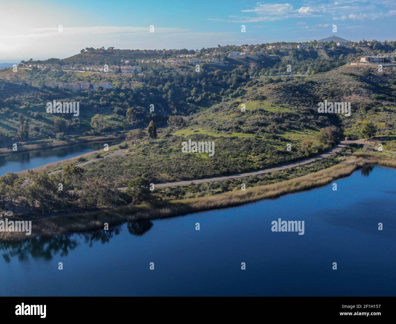 Aerial view of Miramar reservoir in the Scripps Miramar Ranch community ...