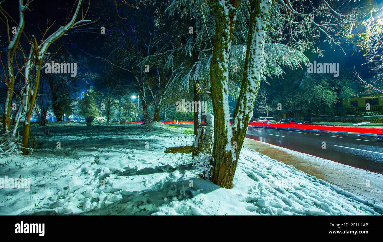 Moving light at a snowy night Stock Photo - Alamy