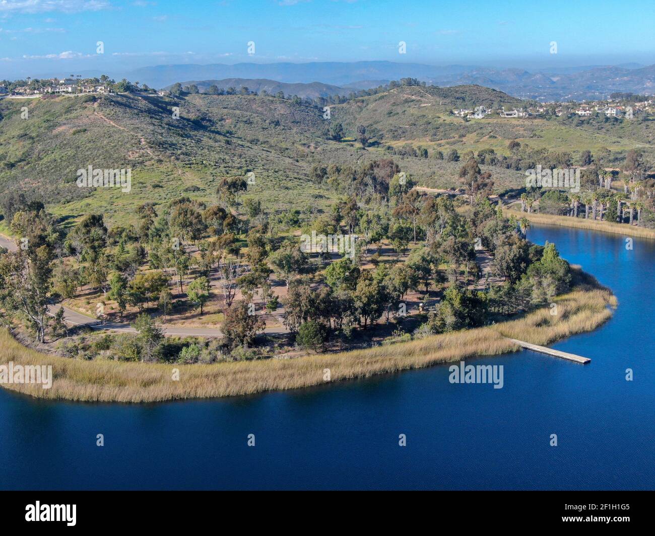 Aerial view of Miramar reservoir in the Scripps Miramar Ranch community ...