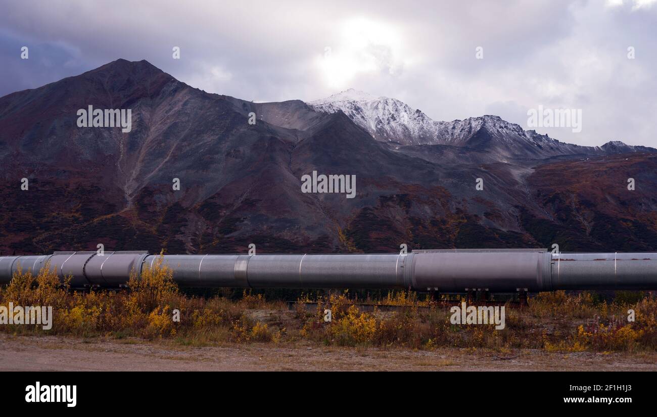 The Trans-Alaska Pipeline Passes in front Of Mountains and Tundra Stock ...