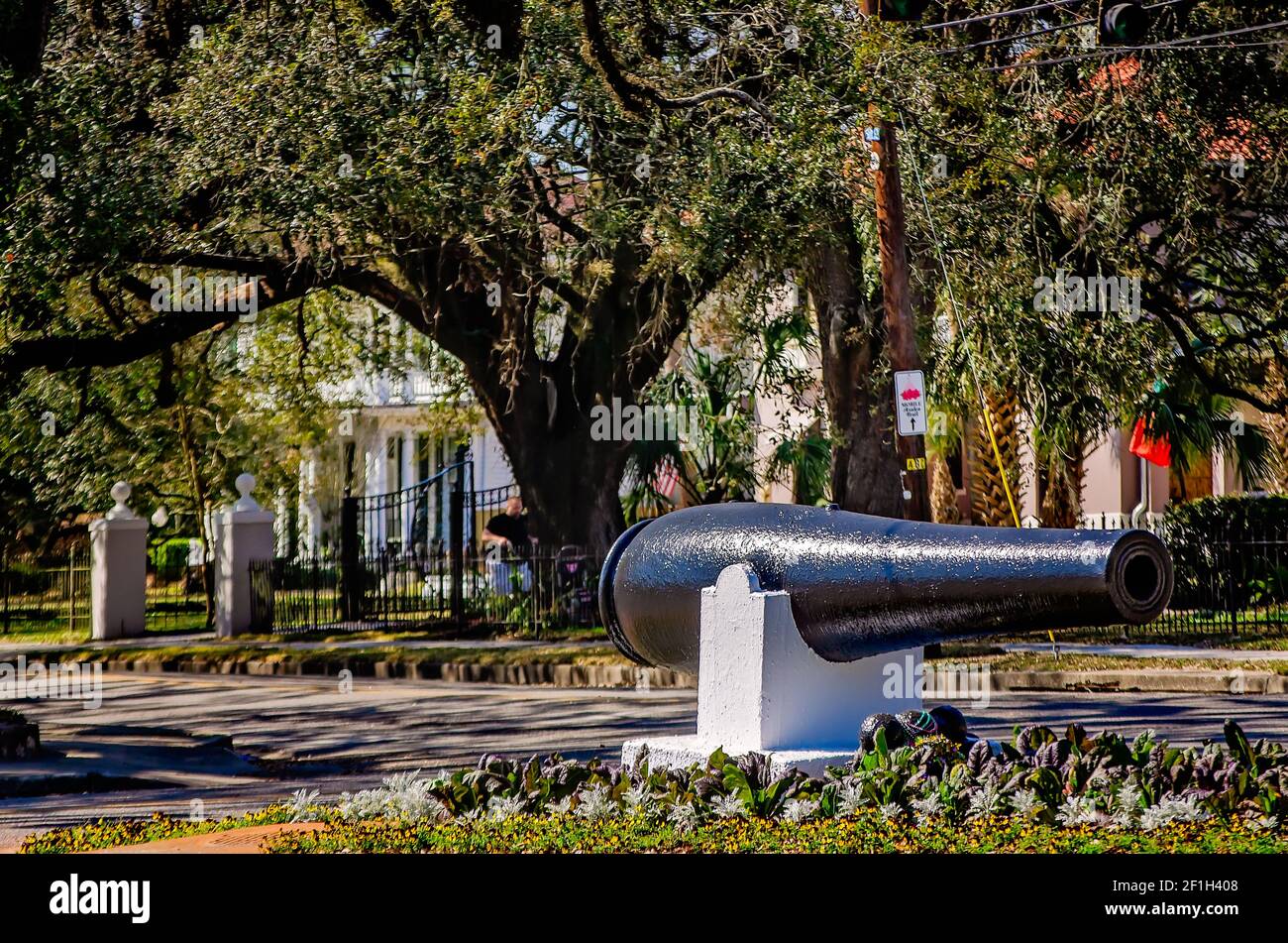 A Civil War cannon stands on Government Street, March 6, 2021, in ...
