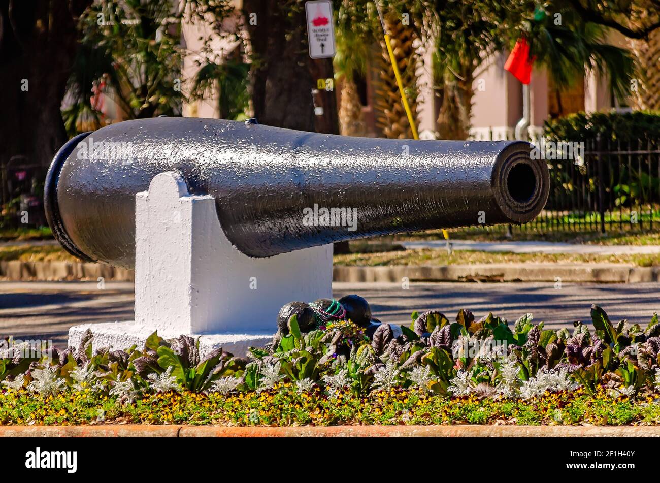 A Civil War cannon stands on Government Street, March 6, 2021, in ...