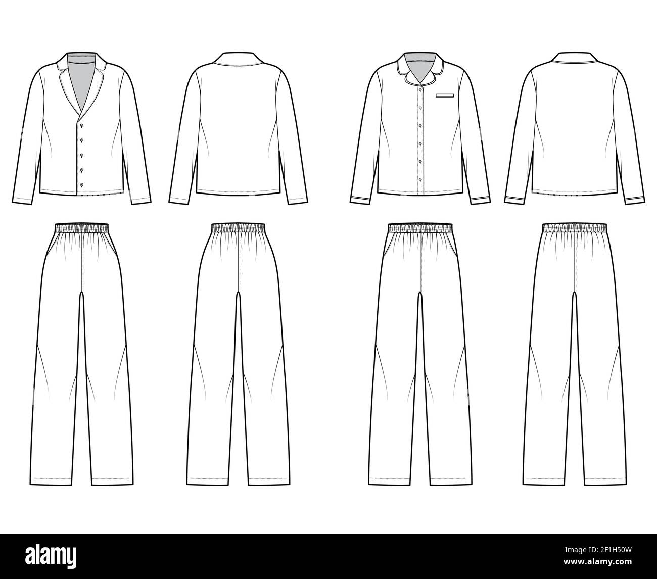 Set of Sleepwear Pajamas shirt, pants technical fashion illustration ...