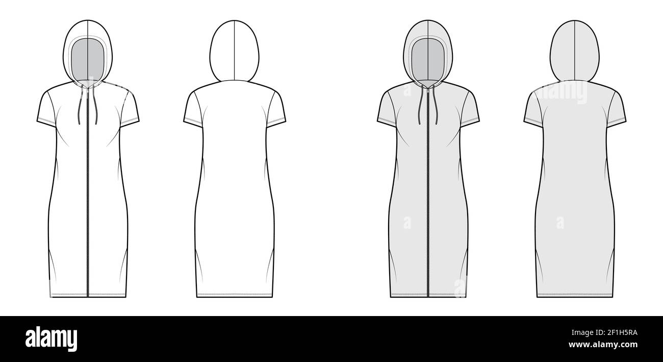 Zip-up Hoody dress technical fashion illustration with short sleeves ...
