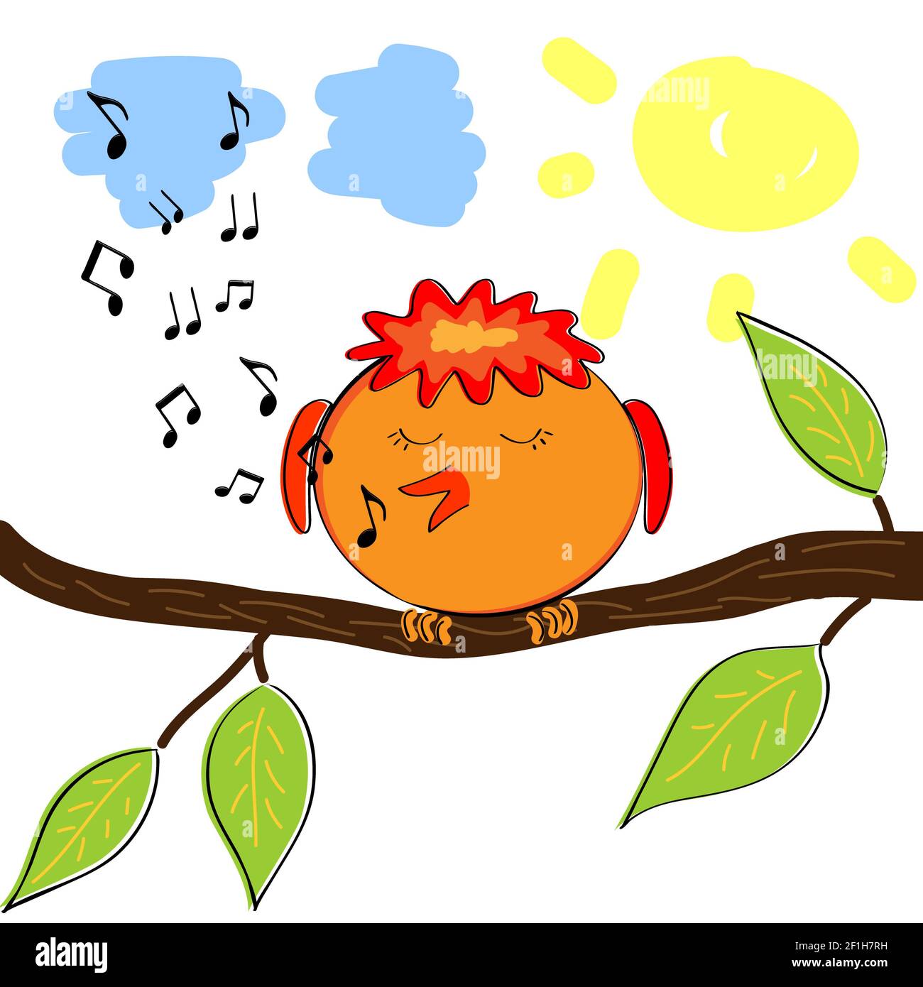 Cartoon bird on branch singing a tune Stock Photo - Alamy