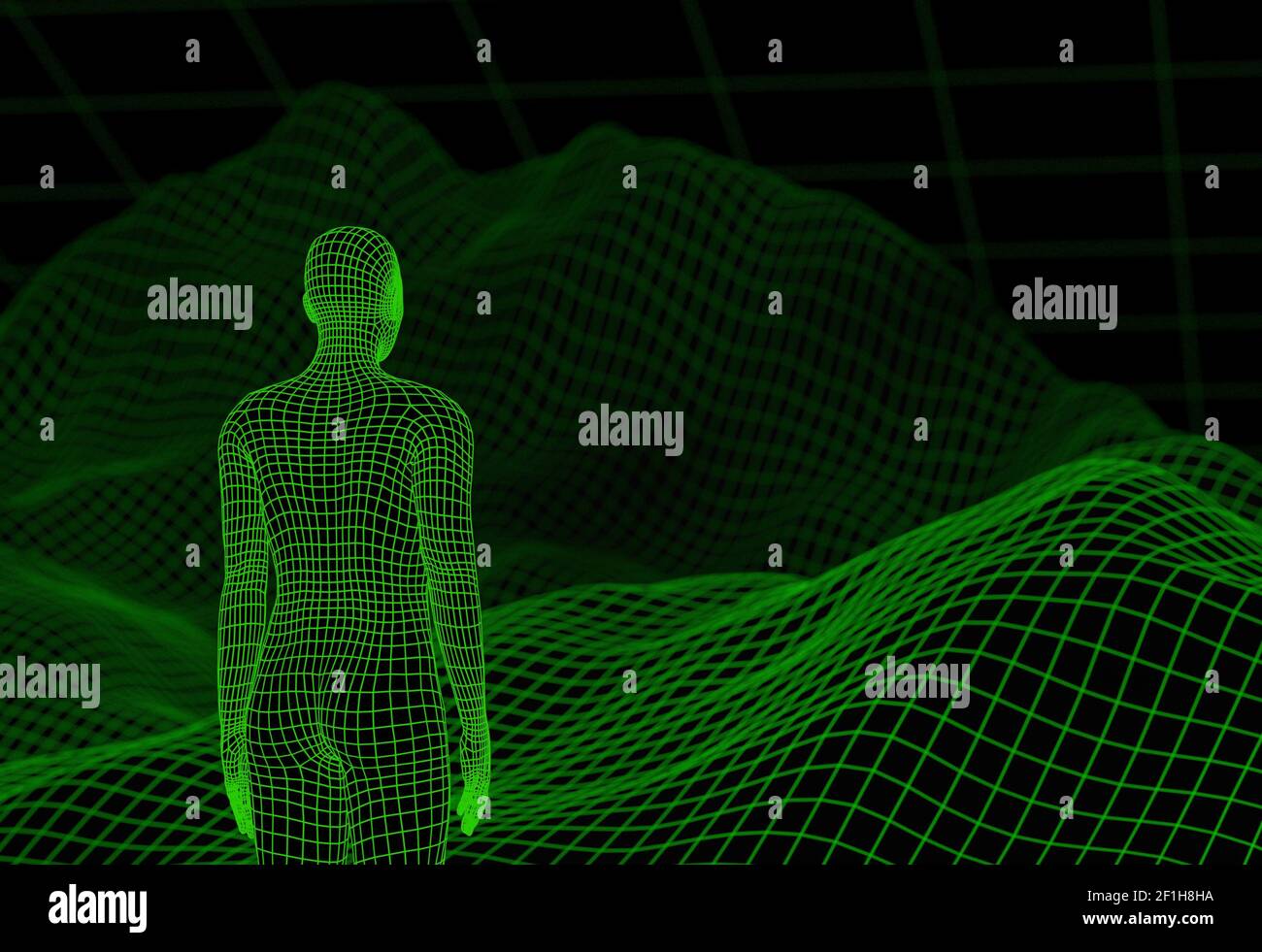Wireframe digital man on green landscape. 3d illustration Stock Photo ...