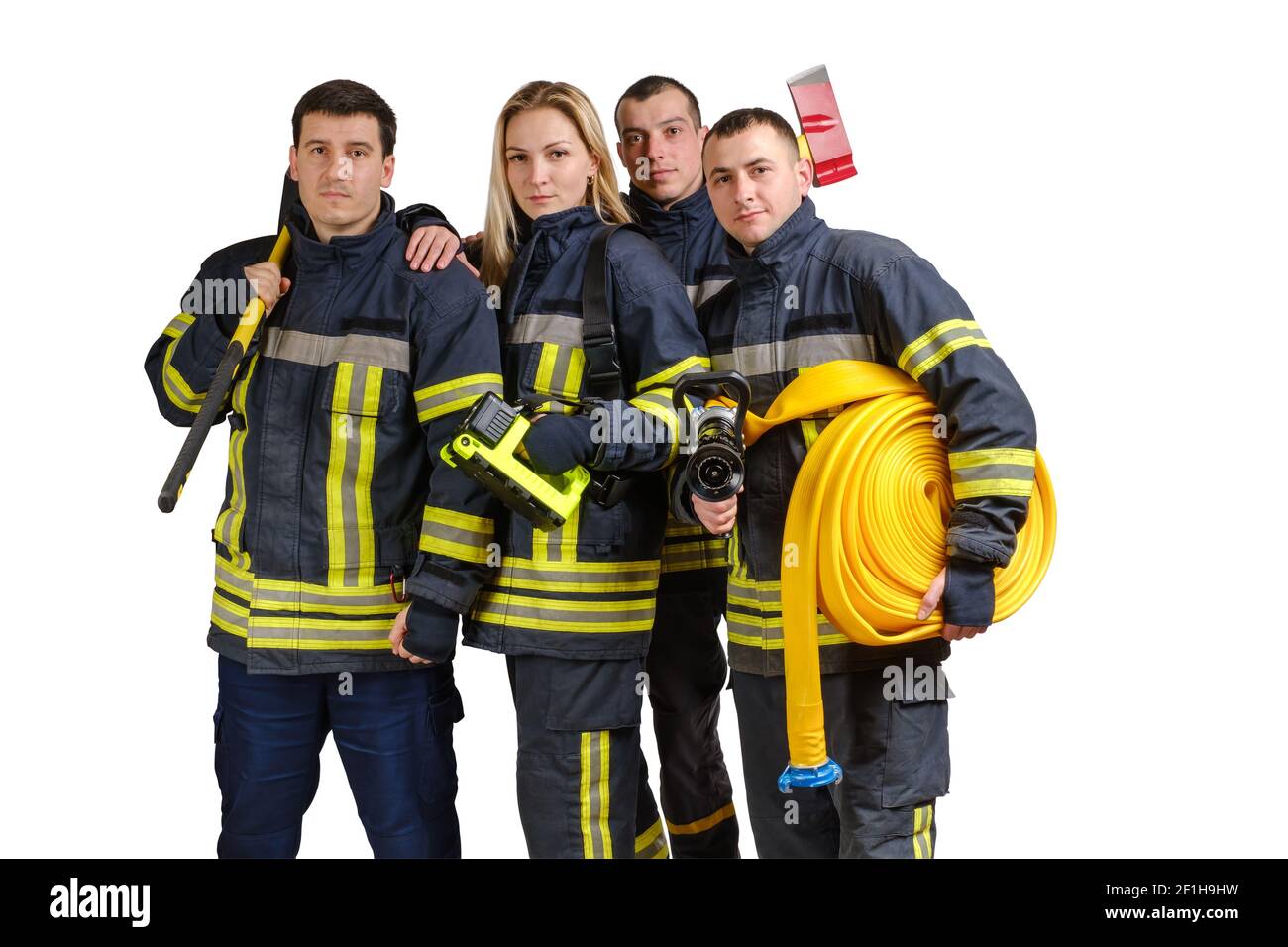 Group of young brave firefighters in uniform isolated Stock Photo - Alamy