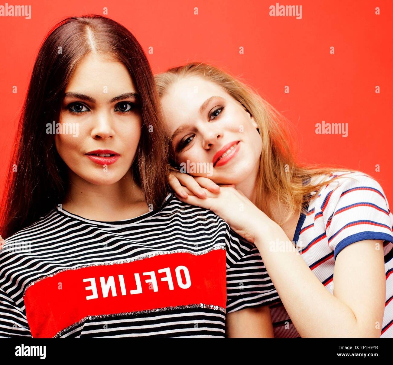 two best friends teenage girls together having fun, posing emotional on ...