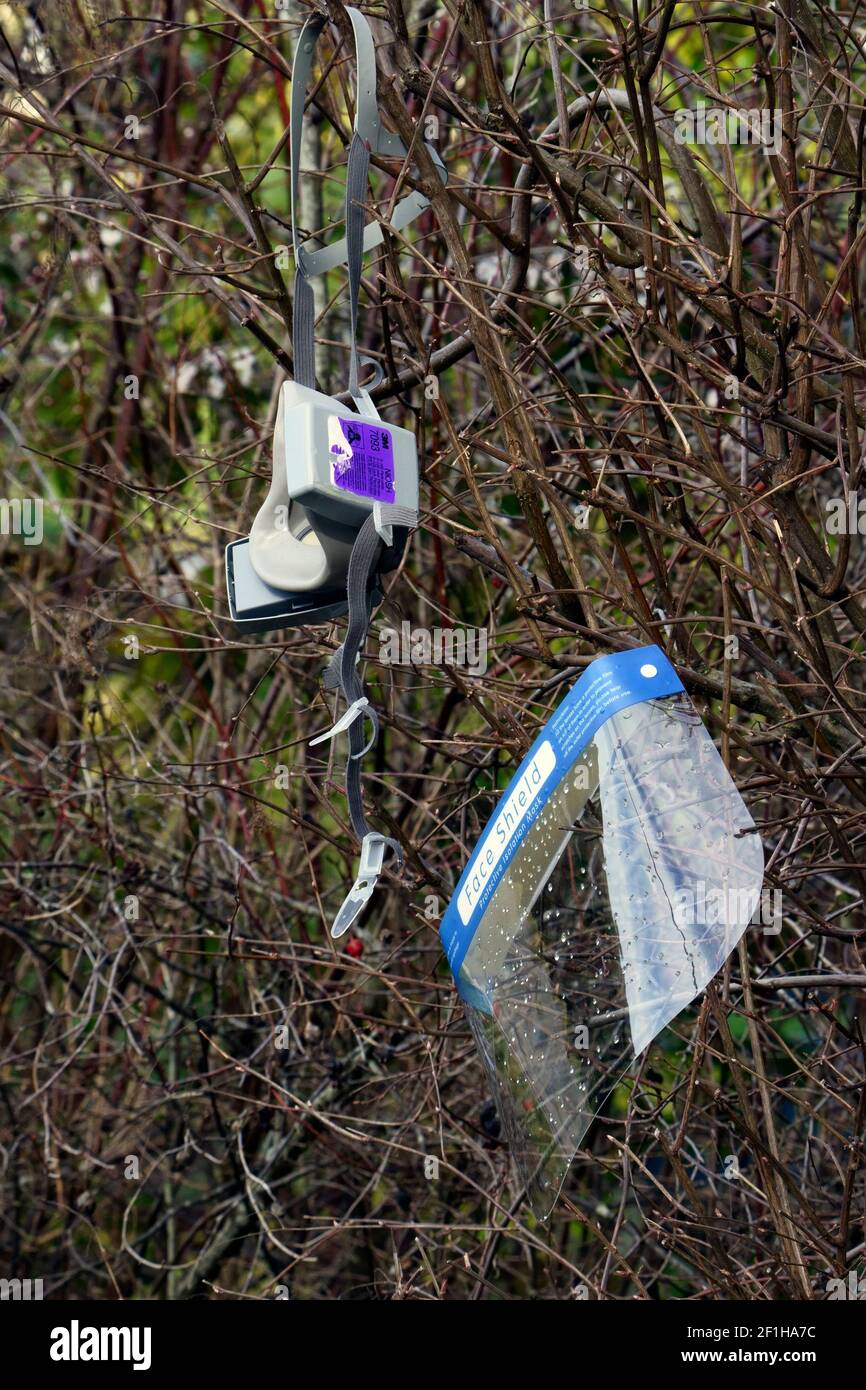 Respirator and face mask hang on bush Stock Photo - Alamy