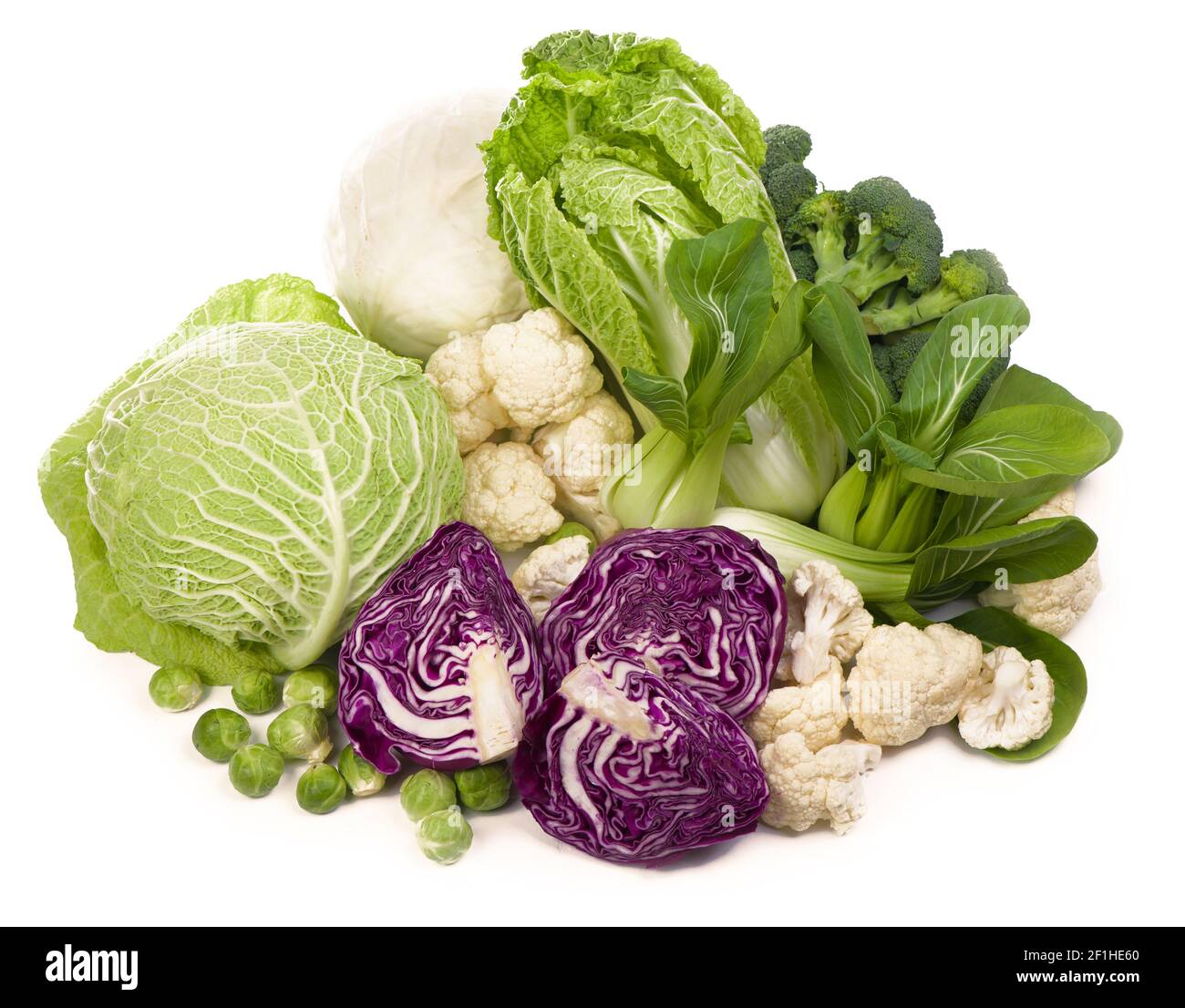 Mix of cabbages on white background: white cabbage, red cabbage, Savoy ...